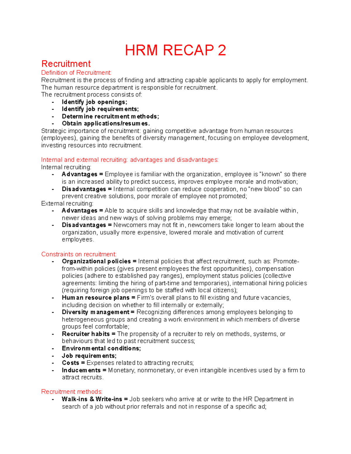 HRM Recap 2 - Summary Human Resources Management - HRM RECAP 2 ...