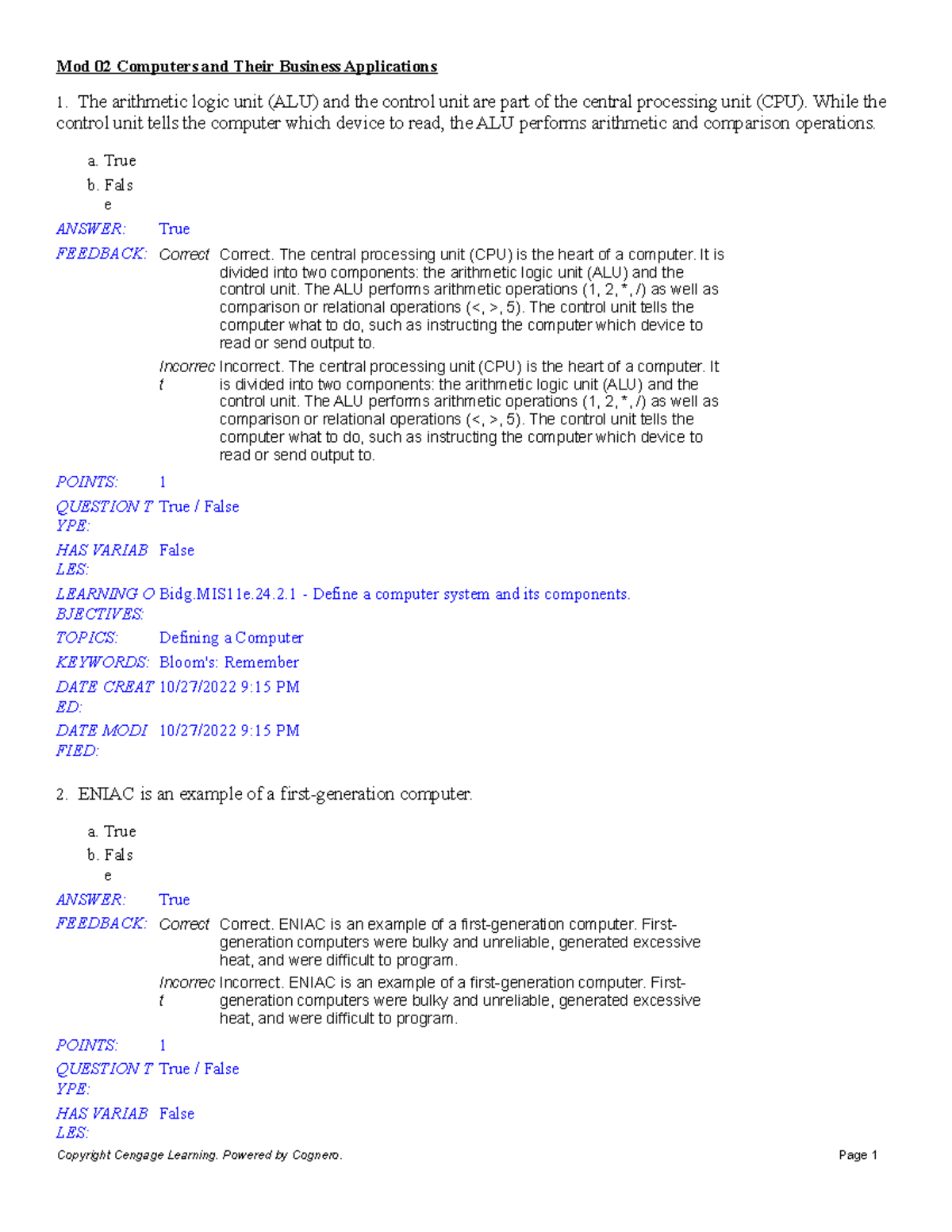 Test Bank for MIS, 11th Edition By Hossein Bidgoli - 1. The arithmetic ...