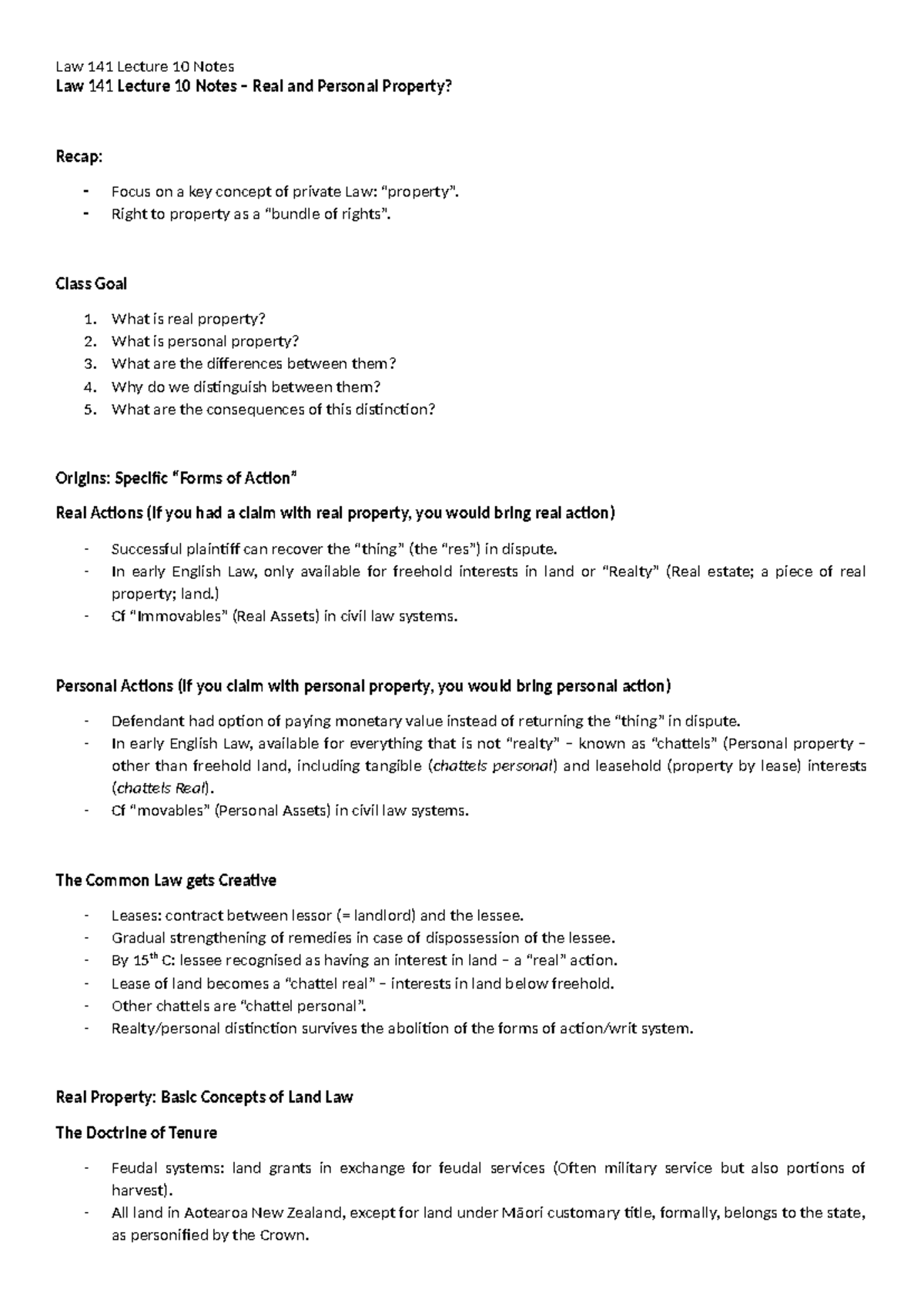 Law 141 Lecture 10 Notes - Law 141 Lecture 10 Notes – Real and Personal ...