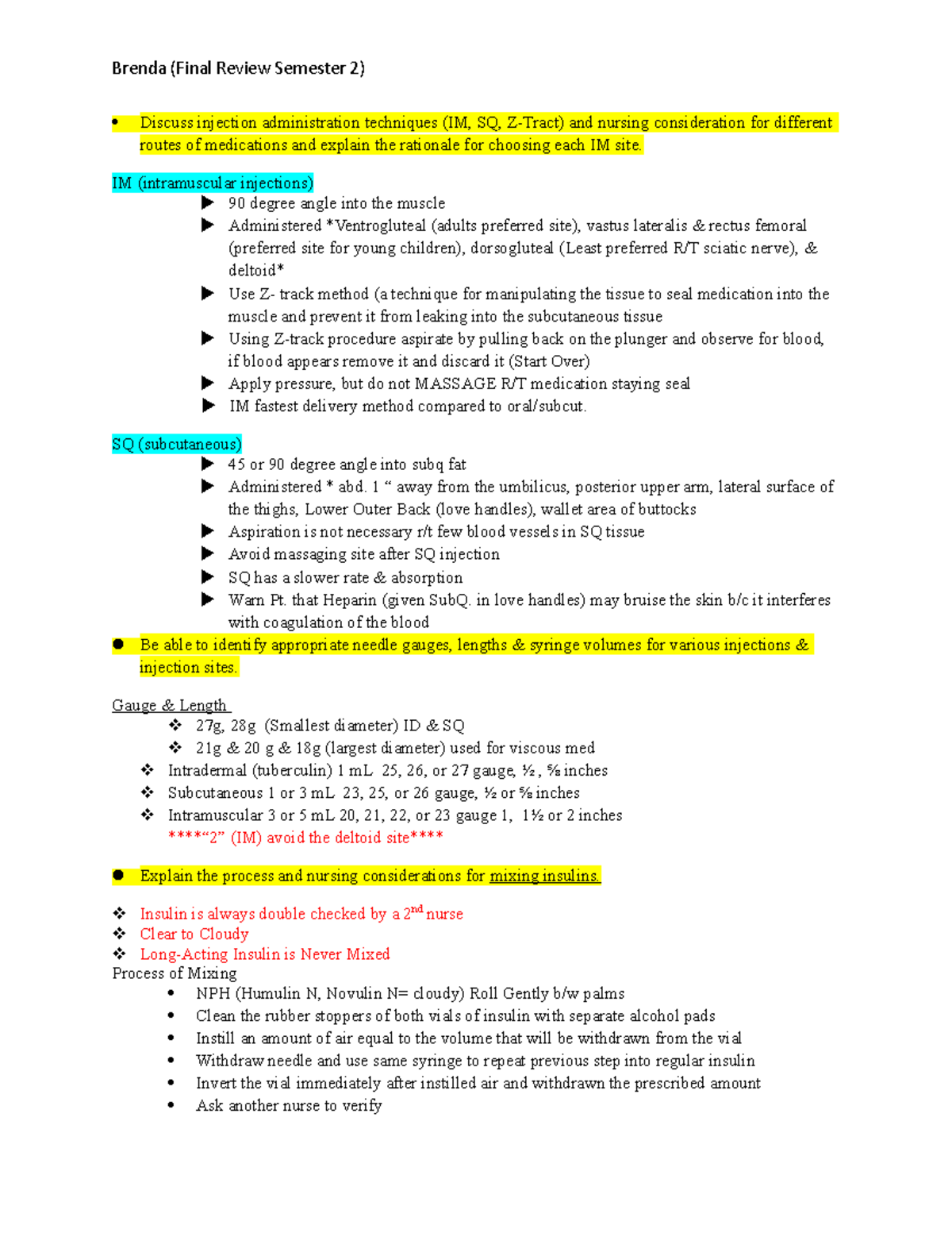Final Review Semester 2 - Discuss injection administration techniques ...