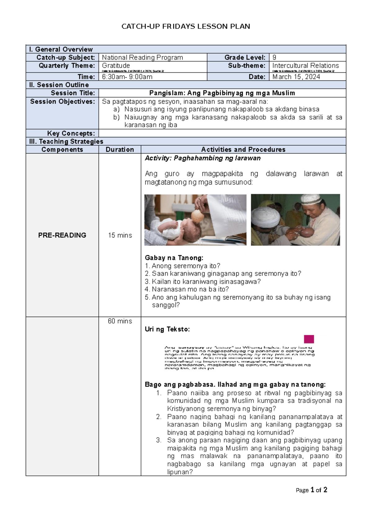 NRP Catch Up Friday LP MAR 15 2024 - CATCH-UP FRIDAYS LESSON PLAN I ...