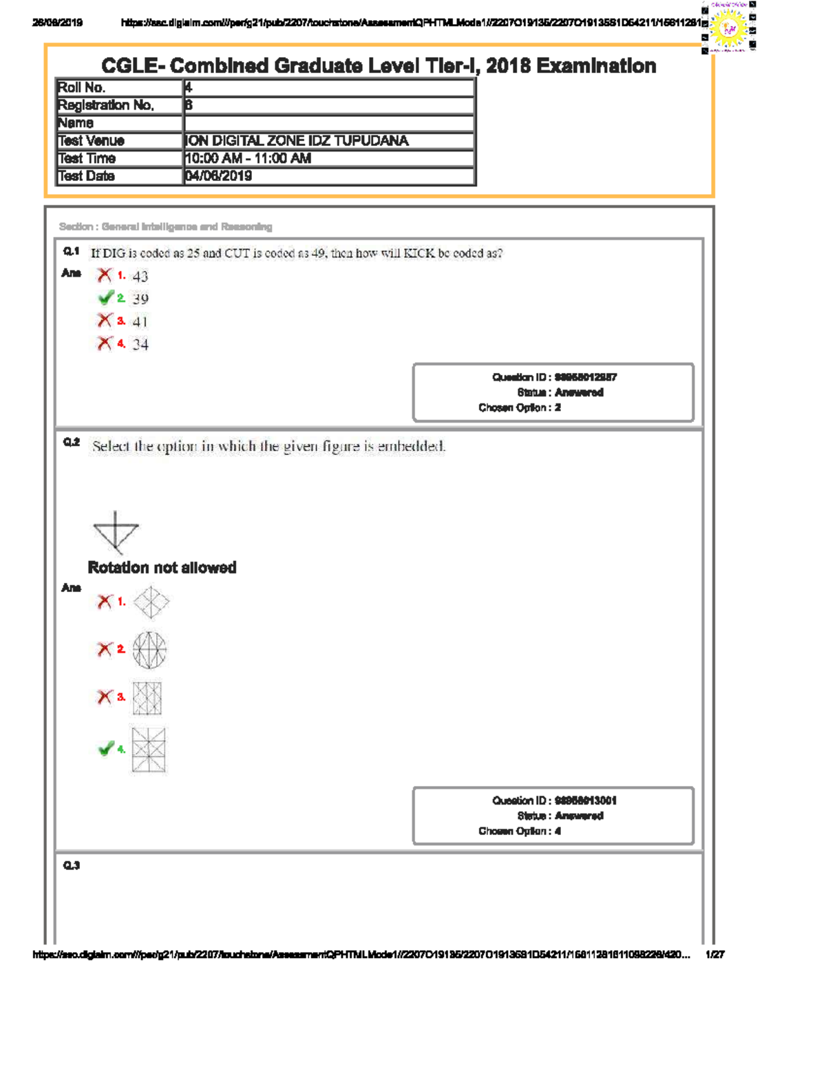 CGL 2018 Pre Reasoning Compilation - Q. Ans 1. 2. 3. 4. Question ID ...