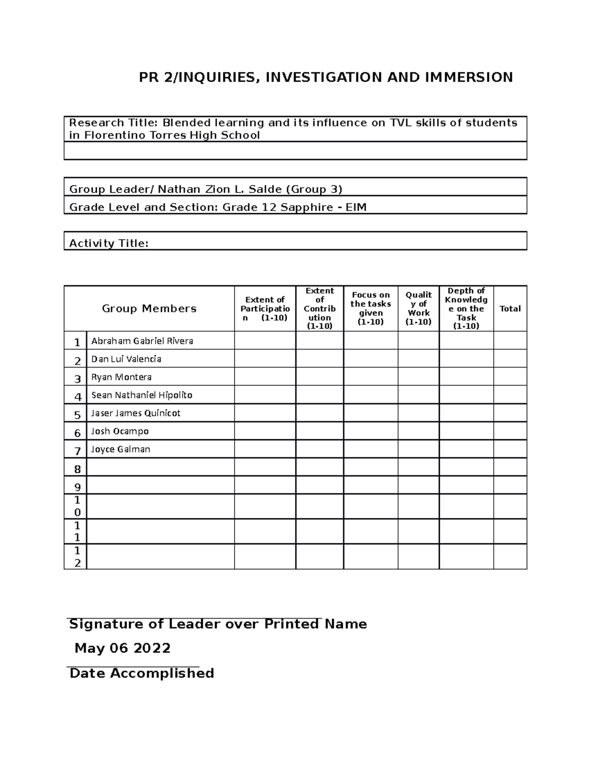 Rubrics-pr2 group 3 - rubrics - PR 2/INQUIRIES, INVESTIGATION AND IMMERSION Research Title ...
