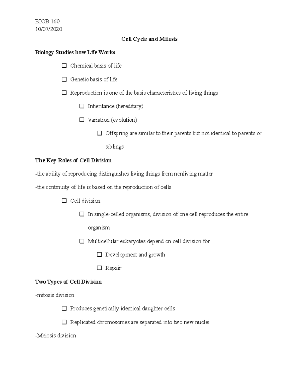 Lecture 1 Yan - Dr. Yan, 2nd half of the semester. - 10/07/ Cell Cycle and Mitosis Biology ...