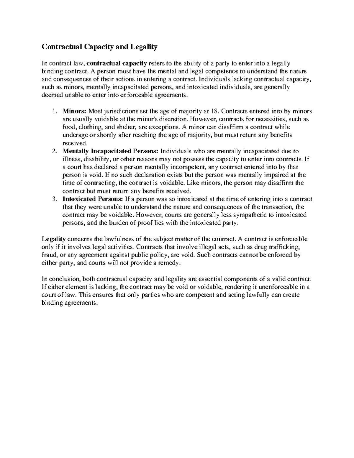 Contractual Capacity and Legality - A person must have the mental and ...