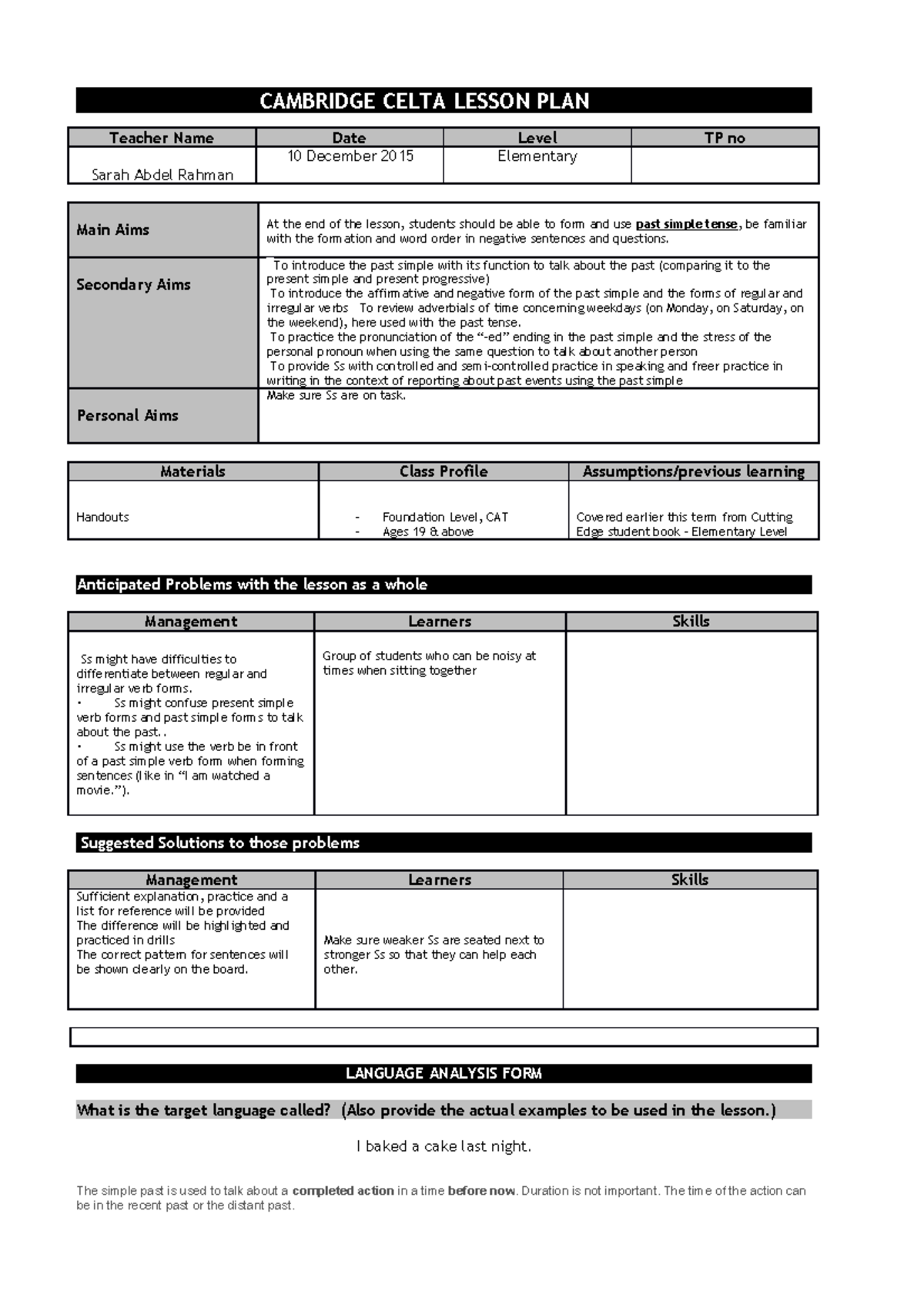 Lesson PLAN Past Tense - CAMBRIDGE CELTA LESSON PLAN Teacher Name Date ...