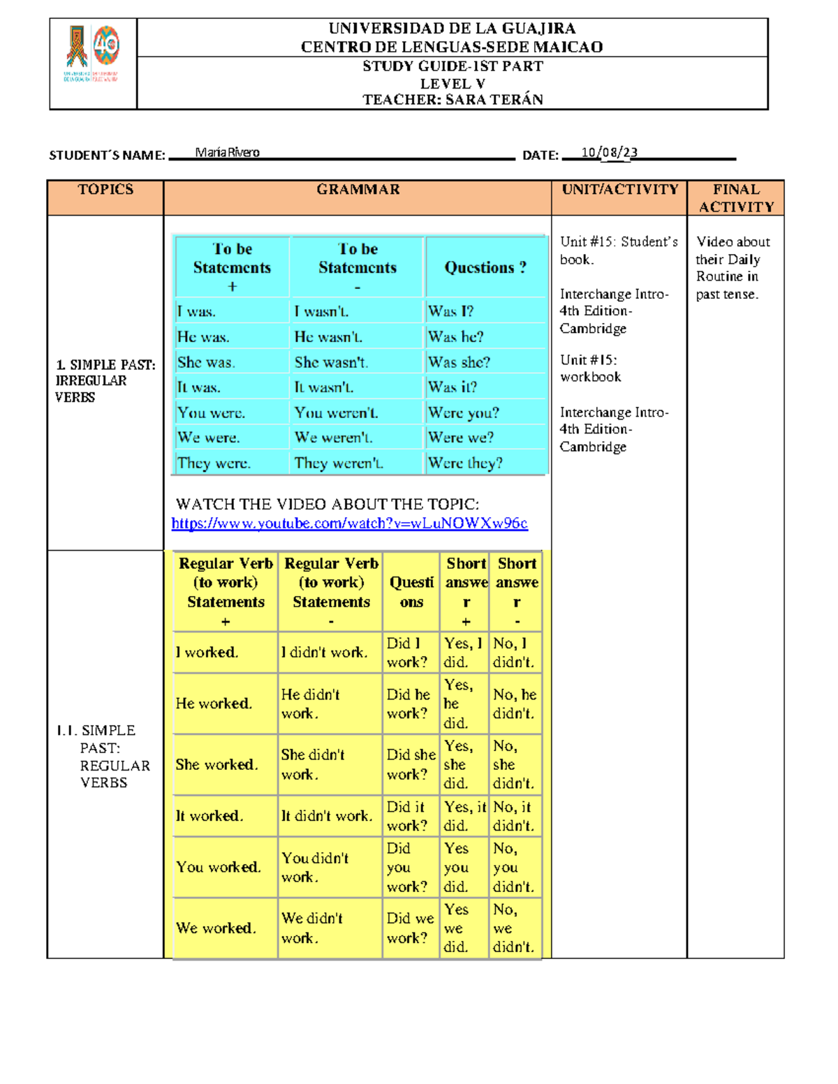 UNIT 1 English - trata de ingles y resolver estos - UNIVERSIDAD DE LA ...