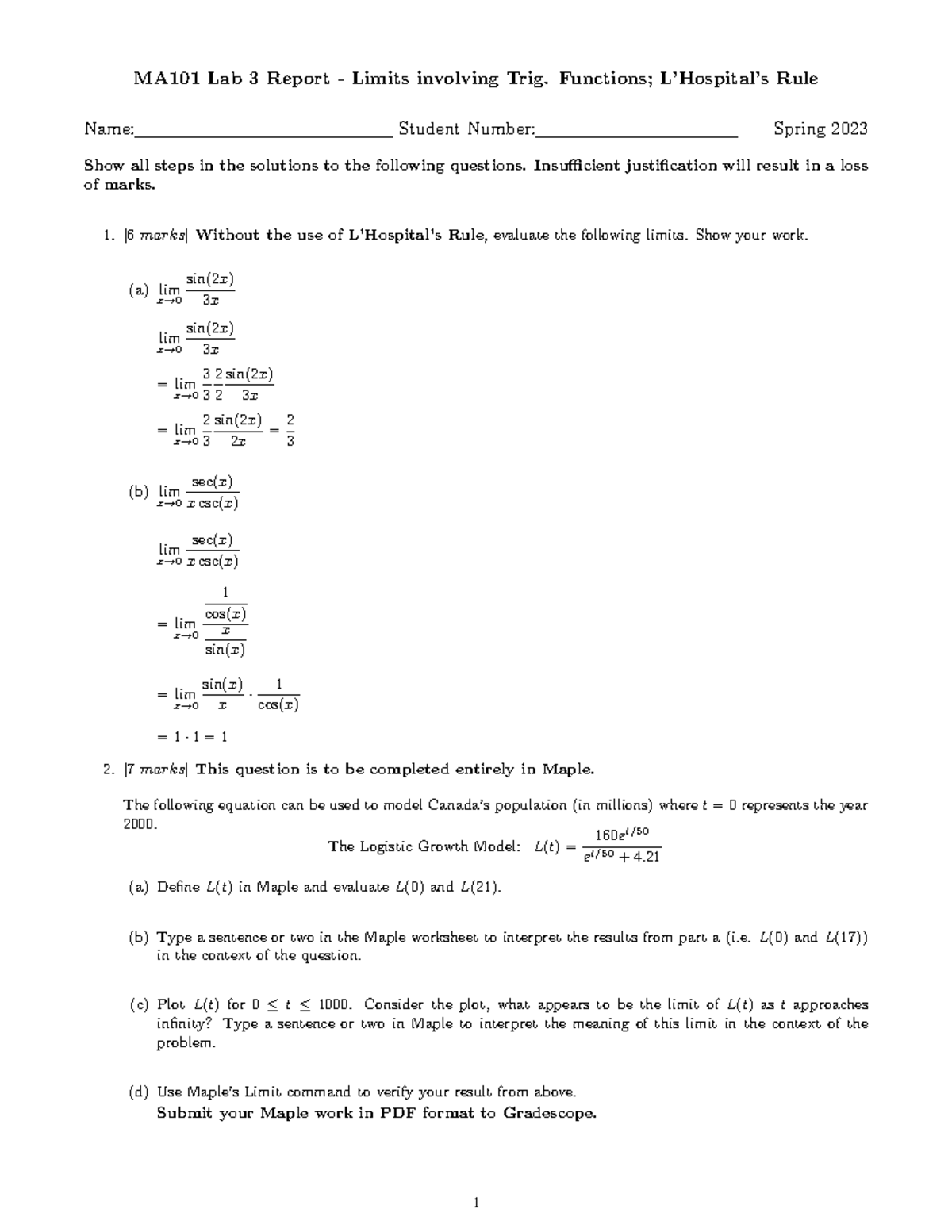 MA101 Lab3 Solutions - MA101 Lab 3 Report - Limits involving Trig ...