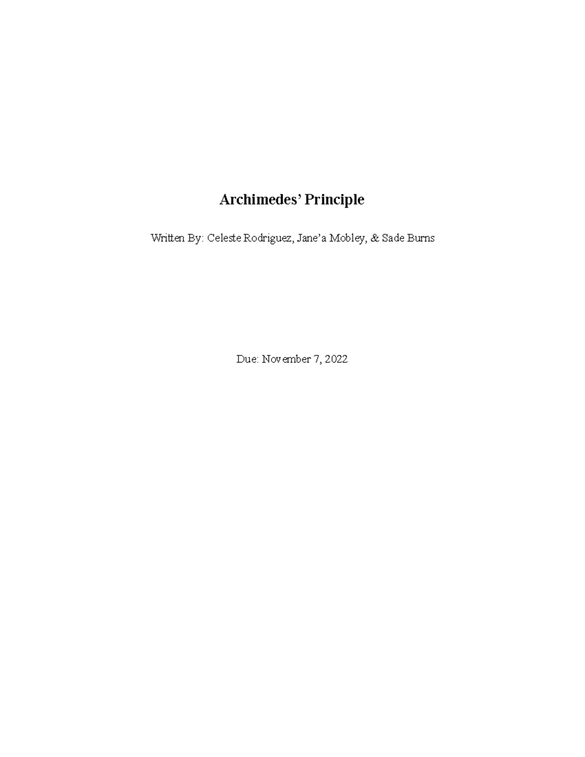 Archimedes' Principle Lab Report - Archimedes’ Principle Written By: Celeste Rodriguez, Jane’a ...