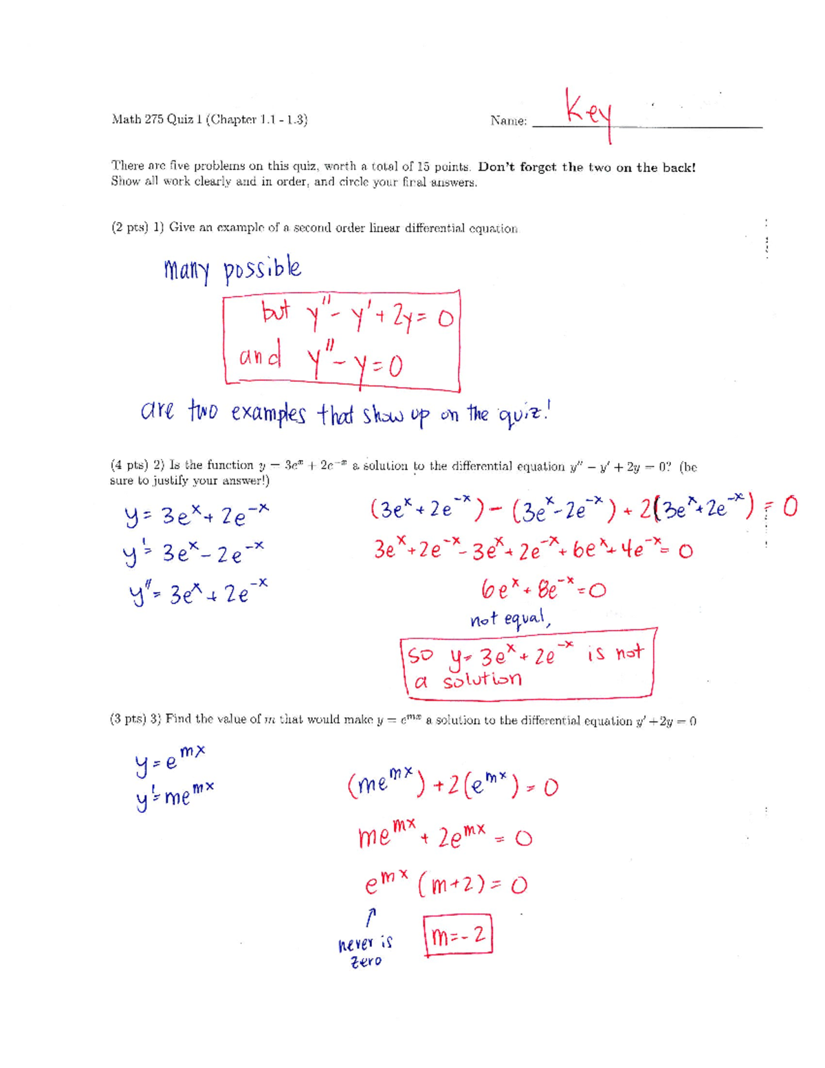 Quiz 1 June 2019, questions and answers - Math 275 Quiz 1 (Chapter 1 ...