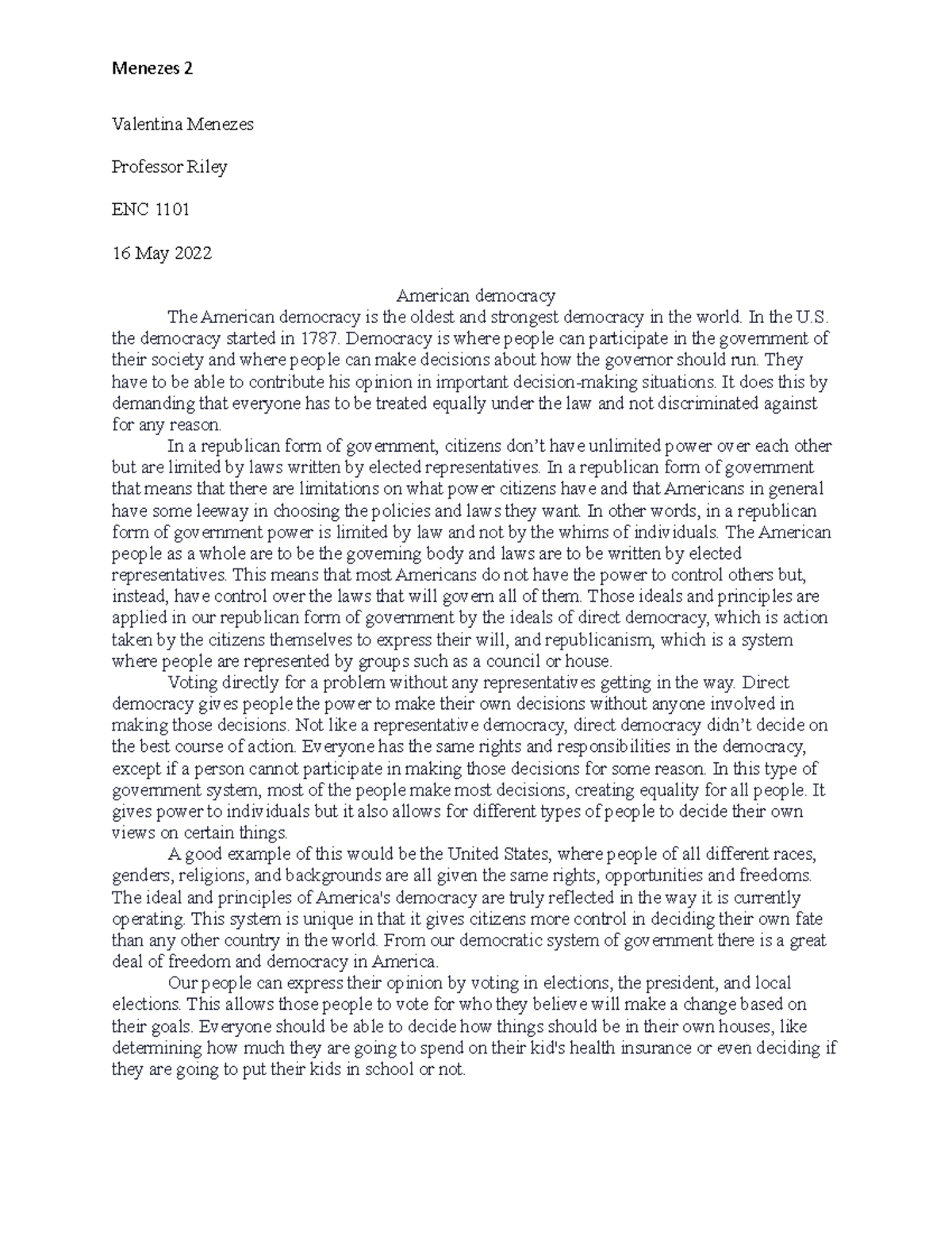 Essay 1 POS 2041 - Menezes 2 Valentina Menezes Professor Riley ENC 1101 ...