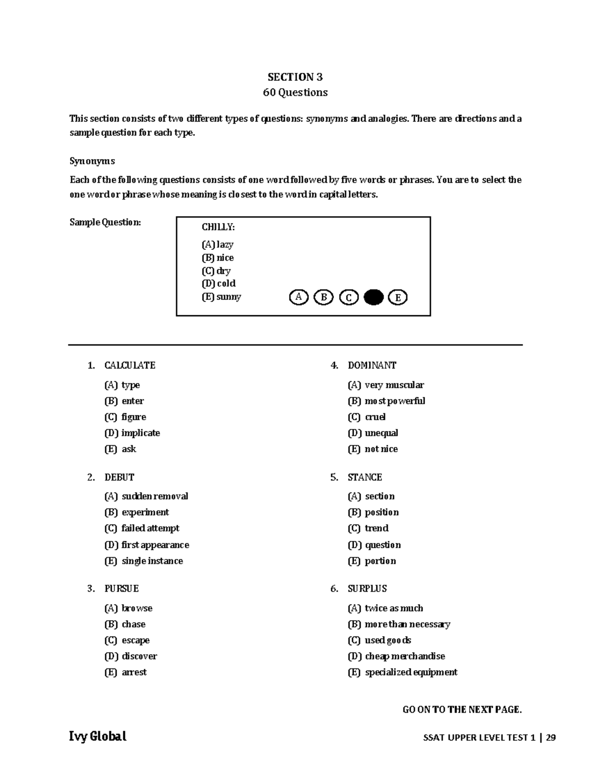 Ssat upper level test verbal section - GO ON TO THE NEXT PAGE. SECTION ...