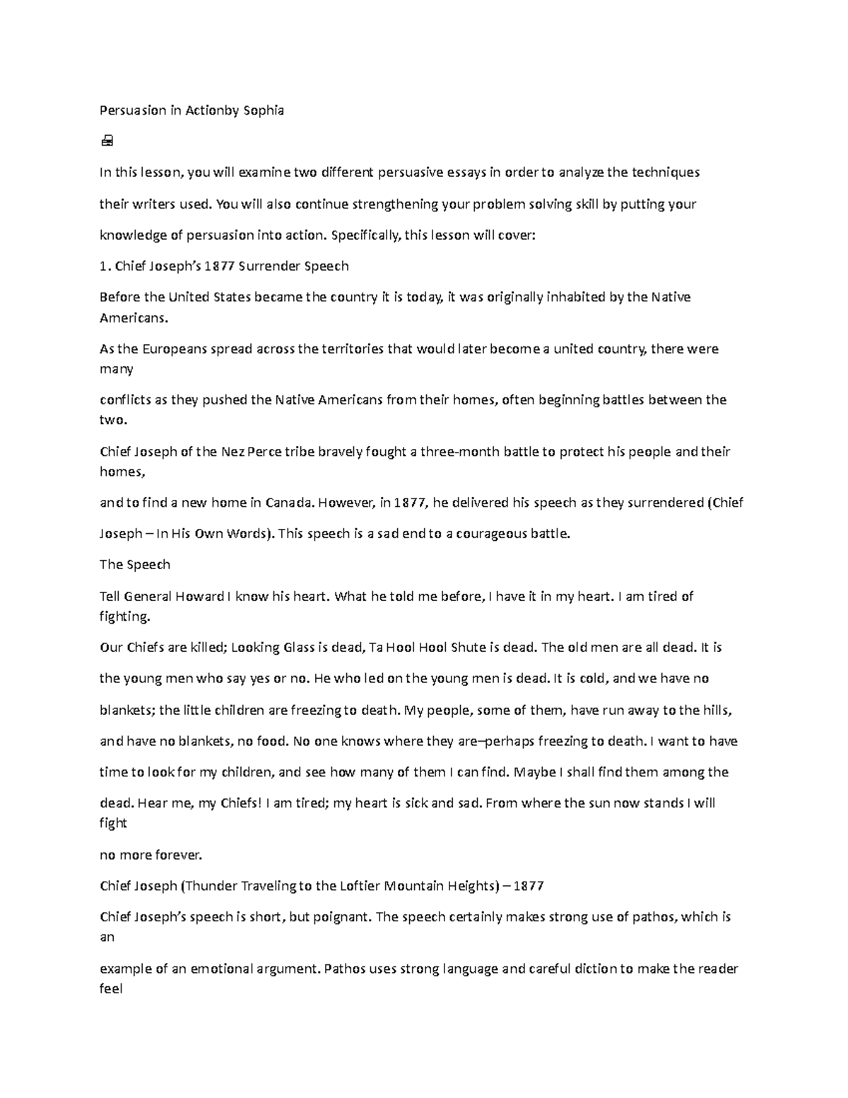 Chief Josephs Surrender Speech