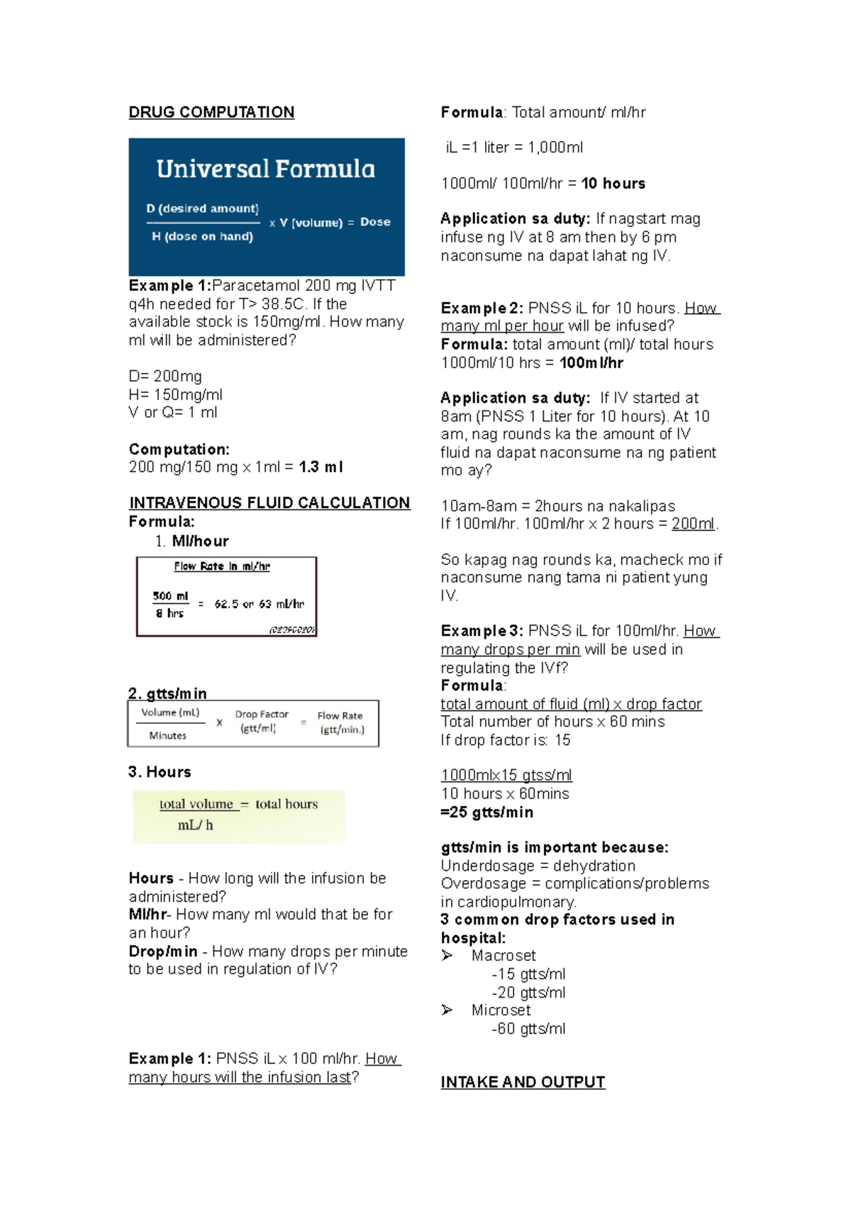 Information For Nursing Duty Drug Computation Example 1 Paracetamol 200 Mg Ivtt Q4h Needed For