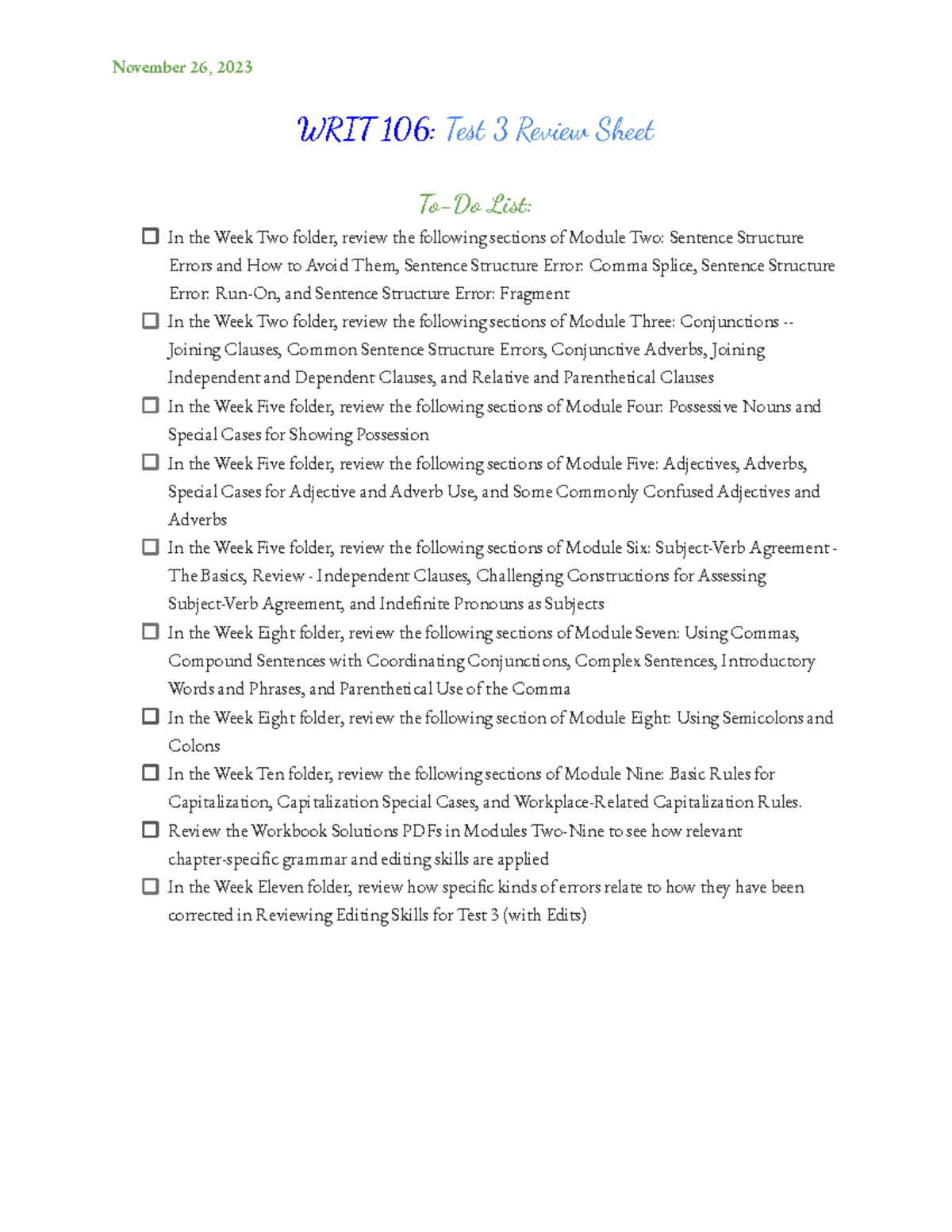 WRIT 106 Test 3 Review Sheet - Google Docs - November 26, 2023 WRIT 106 ...