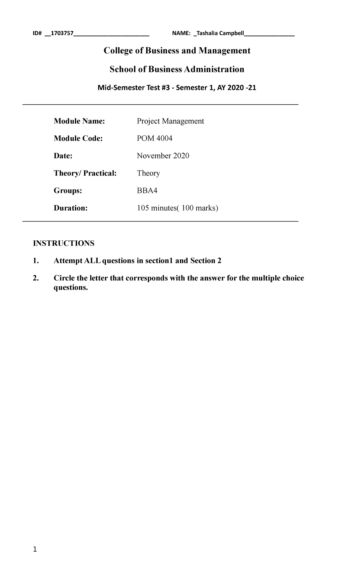 Test 2020, questions - College of Business and Management School of ...