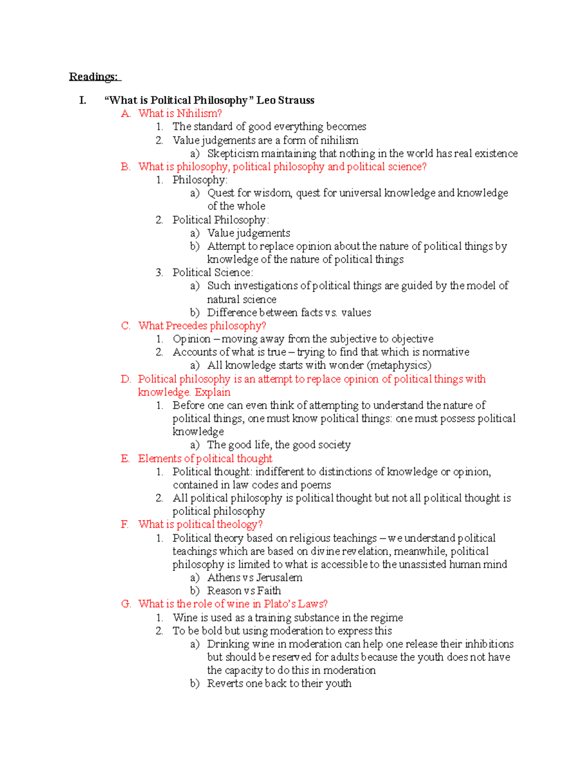 Oral exam notes - Readings: I. “What is Political Philosophy” Leo ...