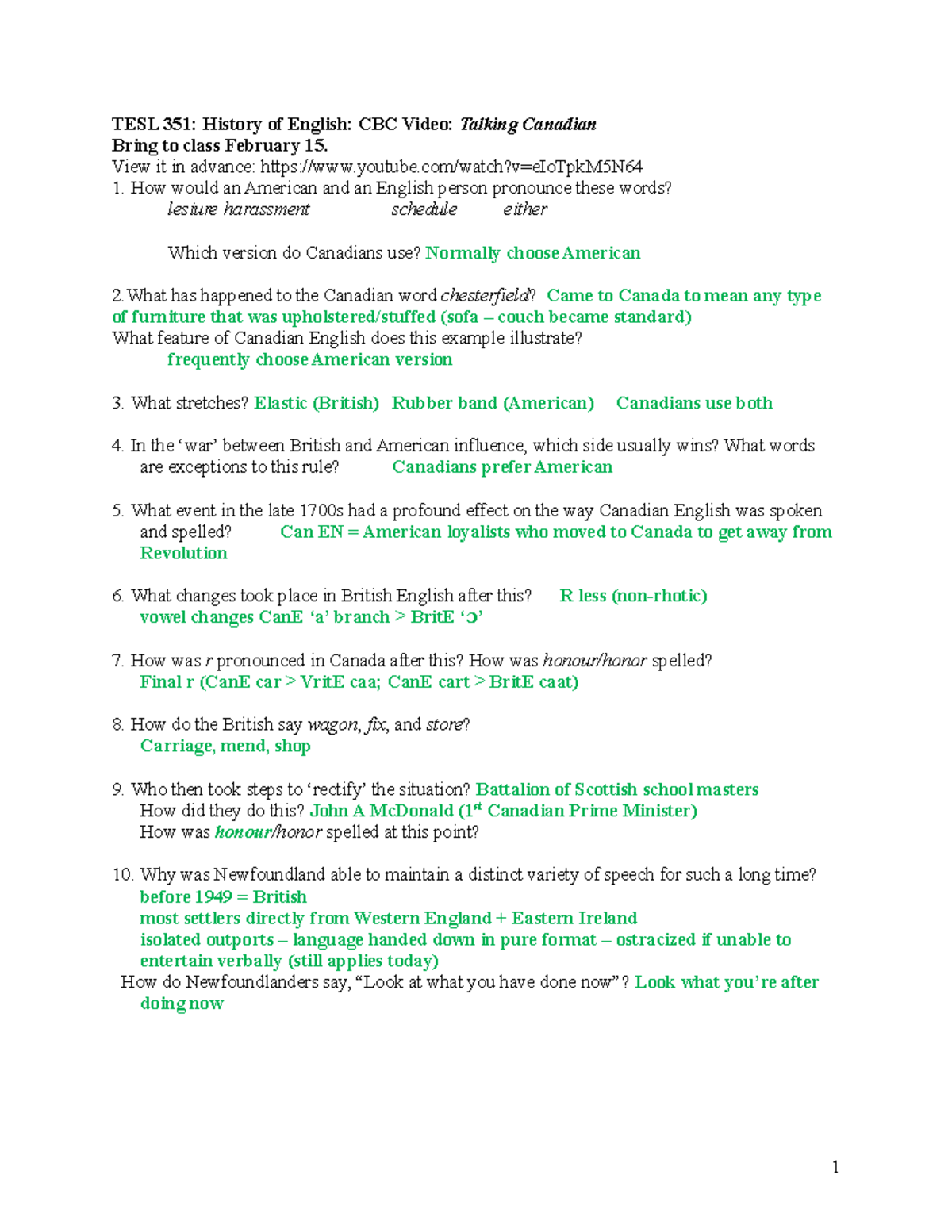 TESL 351 Talking Canadian Video Worksheet - TESL 351 - Concordia - Studocu