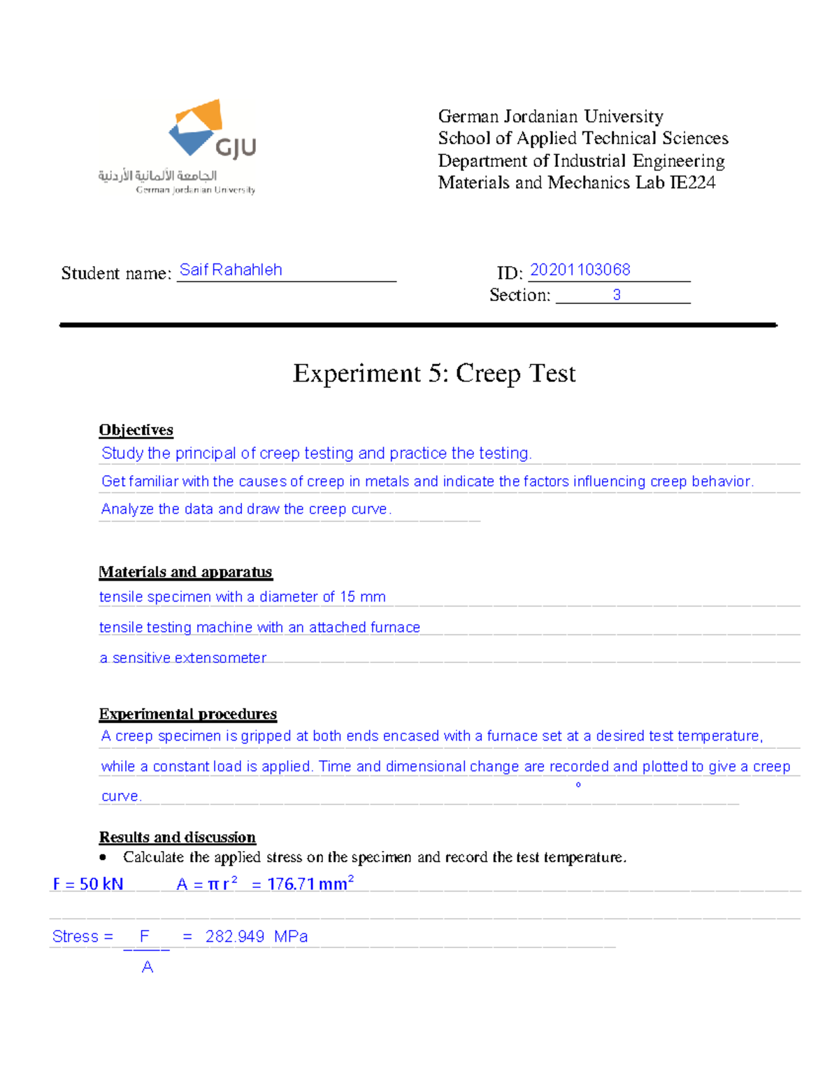 Exp 5 - Creep Test - Materials science lab report - Student name