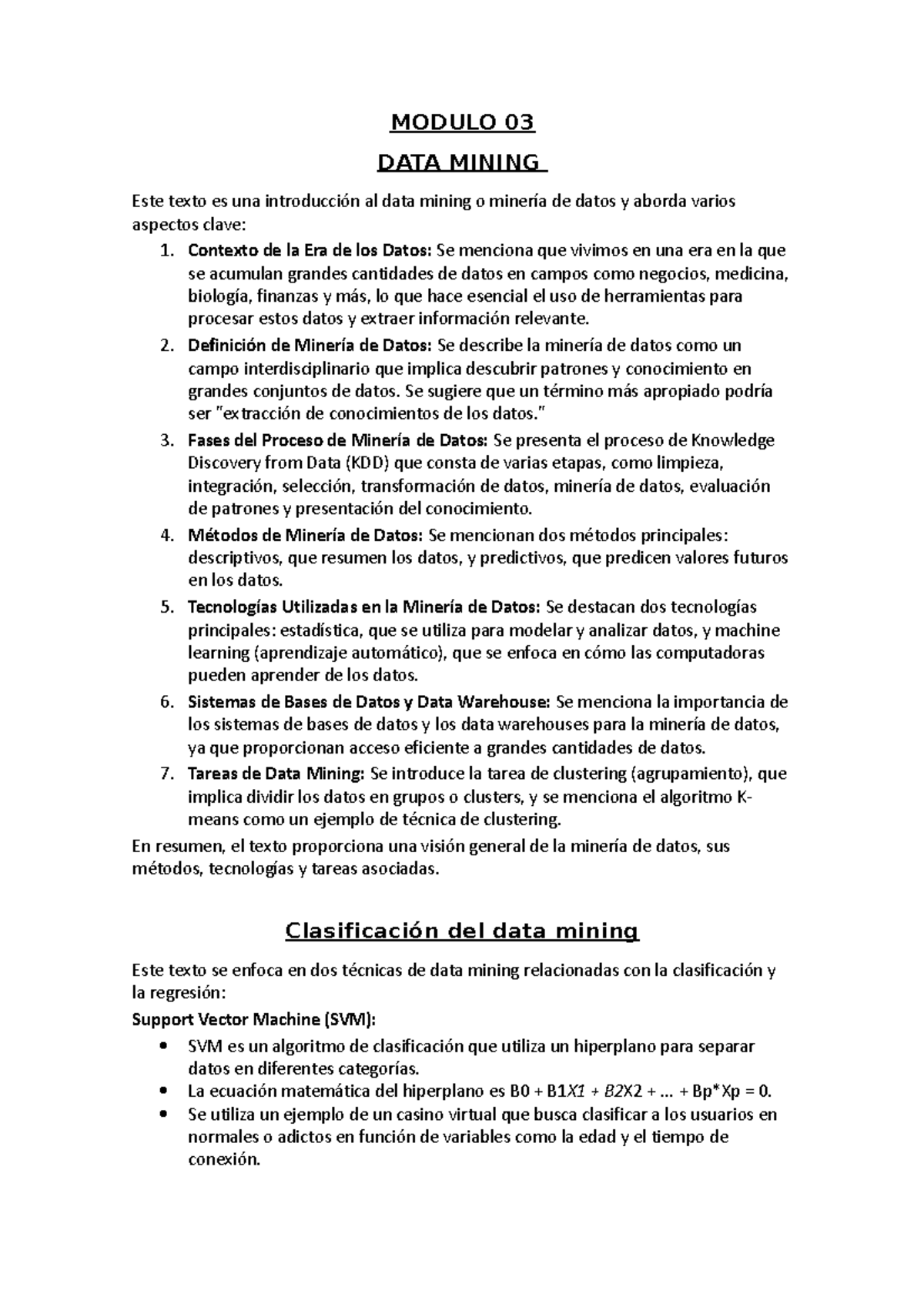 Resumen i. ia m3-4 - MODULO 03 DATA MINING Este texto es una introducción al data mining o ...