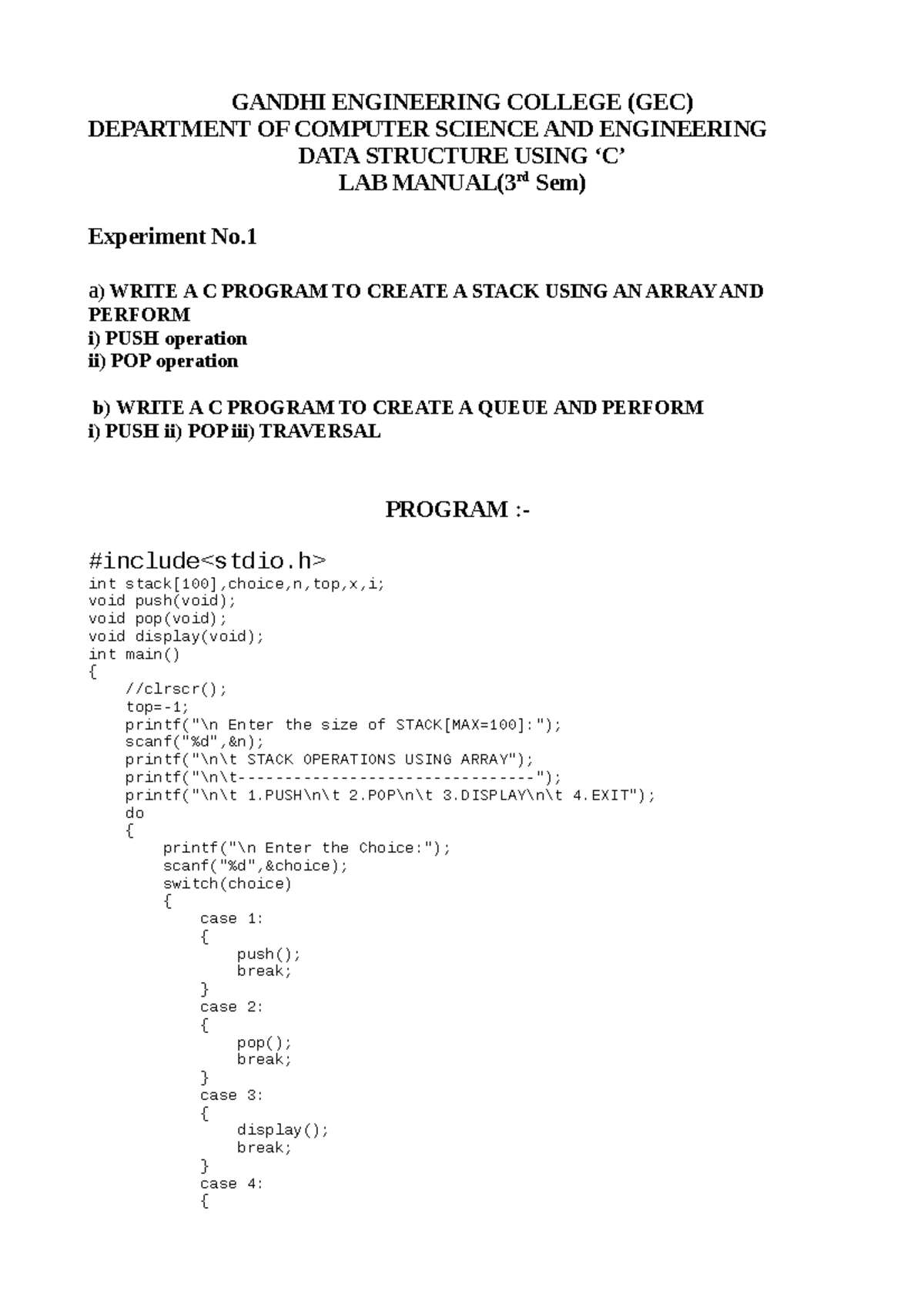 Data structure manual 3rd sem - GANDHI ENGINEERING COLLEGE (GEC ...