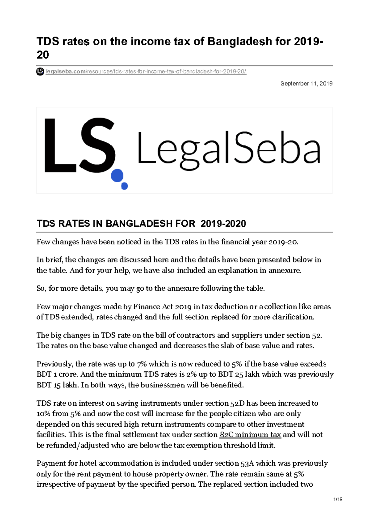 TDS rates on the income tax of Bangladesh for 2019-20 - September 11 ...