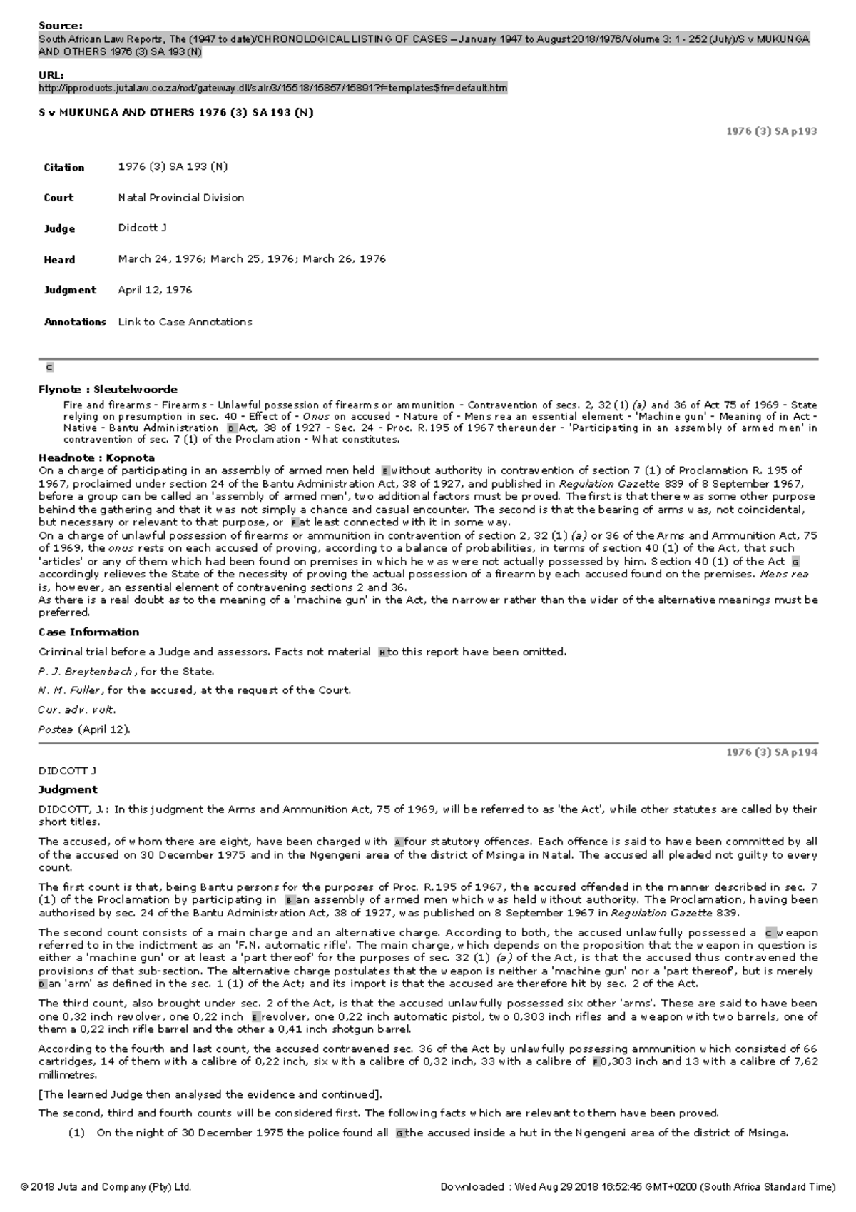 S v Mukunga AND Others 1976 (3) SA 193 (N) - Source: South African Law ...