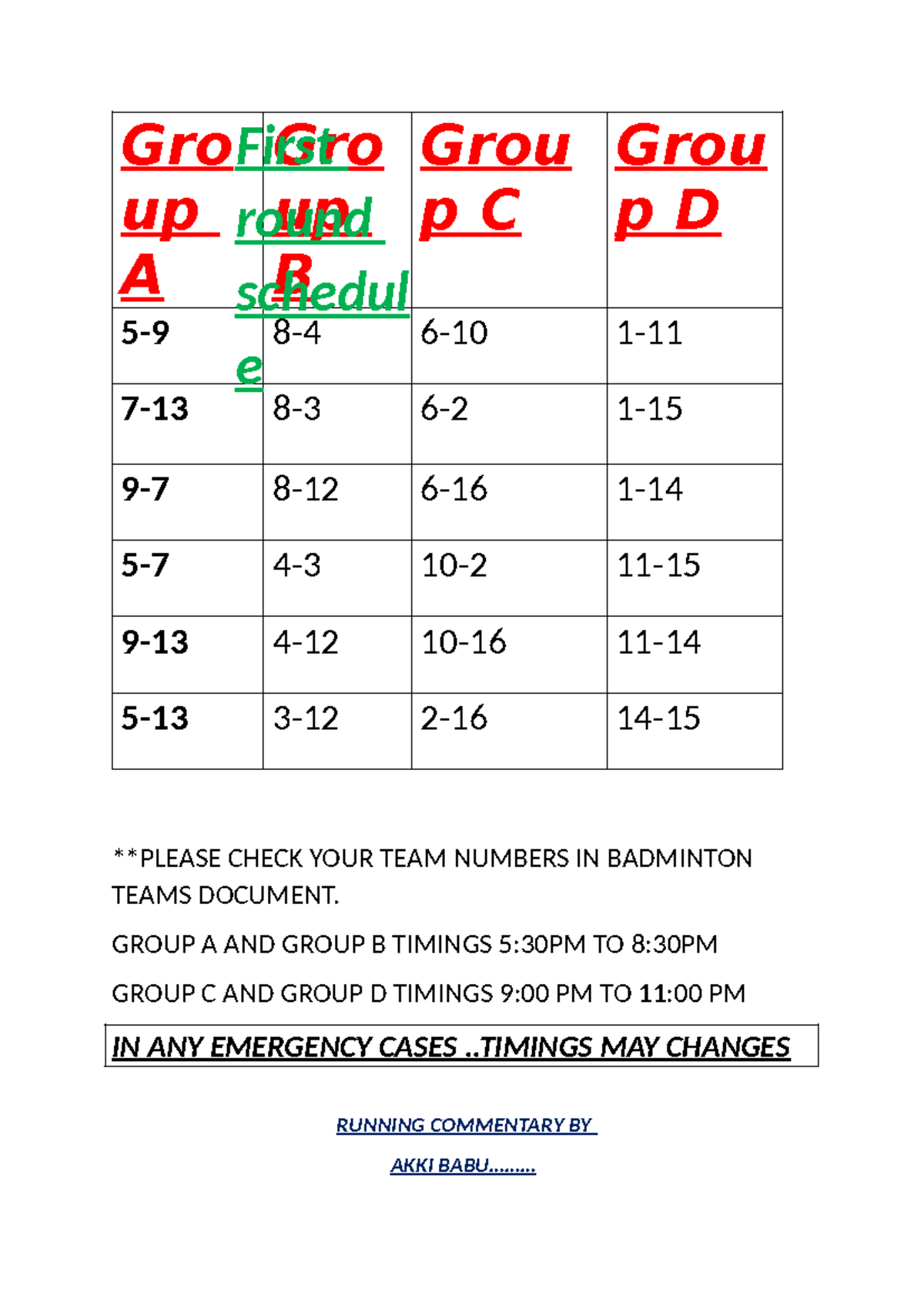 Schedule - Need books - Gro up A Gro up B Grou p C Grou p D 5-9 8-4 6 ...