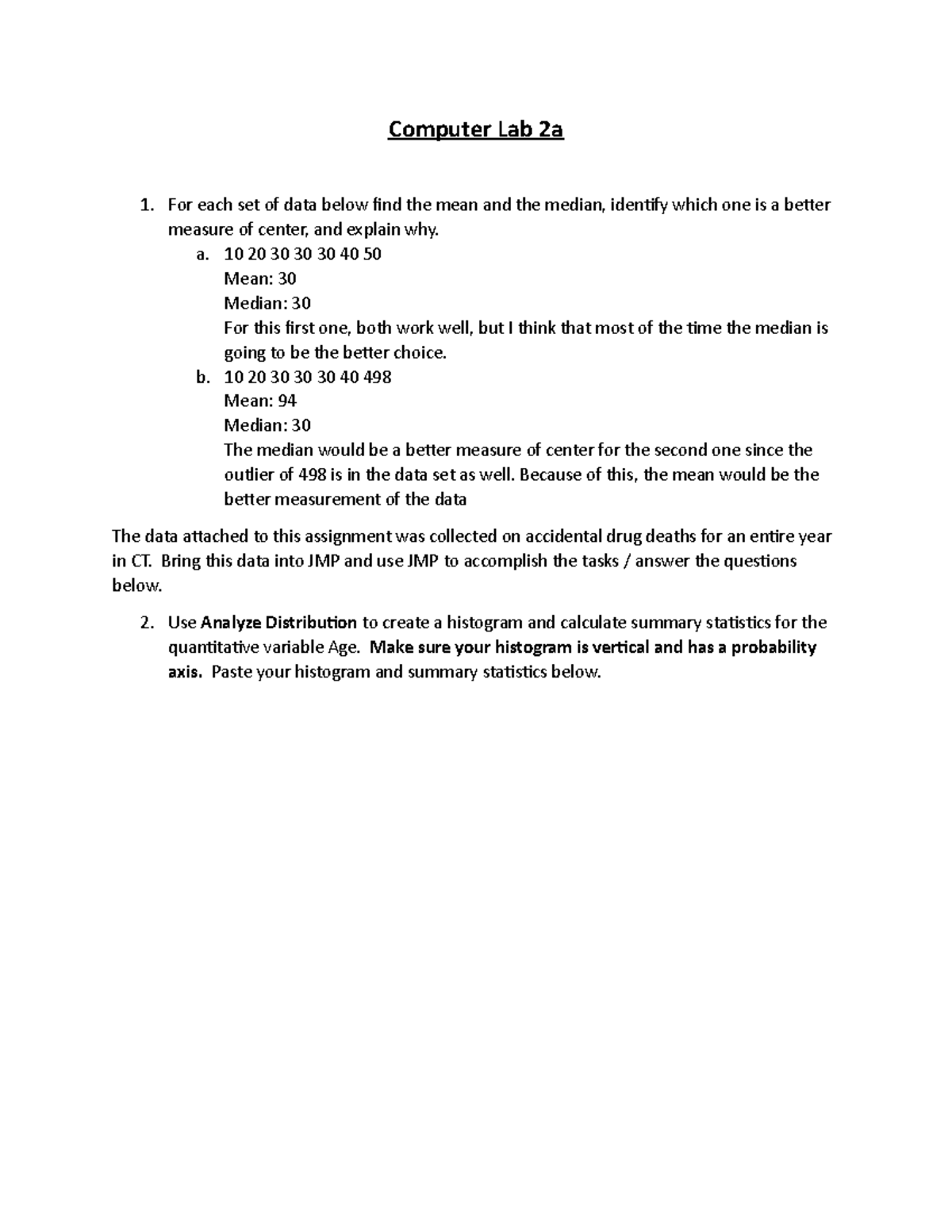 Computer Lab 2a - Lab 2a - Jordan Tait - Computer Lab 2a For each set of data below find the ...