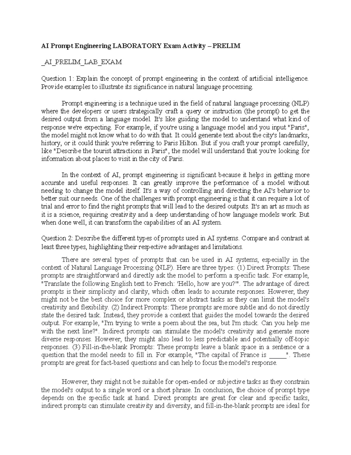 AI Prompt Engineering Laboratory Exam Activity - AI Prompt Engineering ...