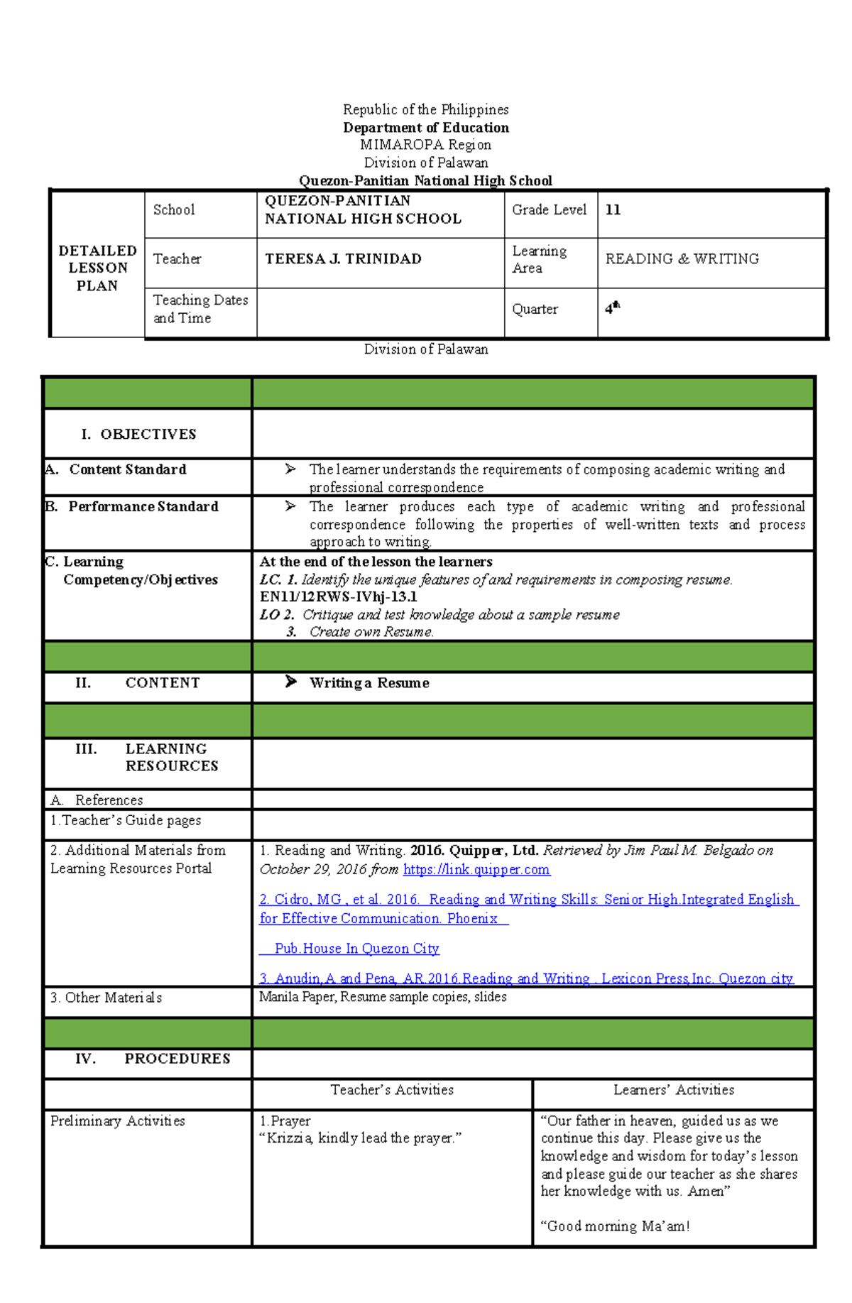 Lesson PLAN SHS Teresa - Republic of the Philippines Department of ...