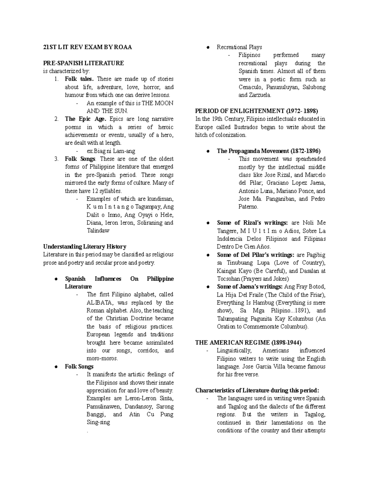 21ST LIT REV 1 BY ROAA 1 - yun lang. - 21ST LIT REV EXAM BY ROAA PRE ...