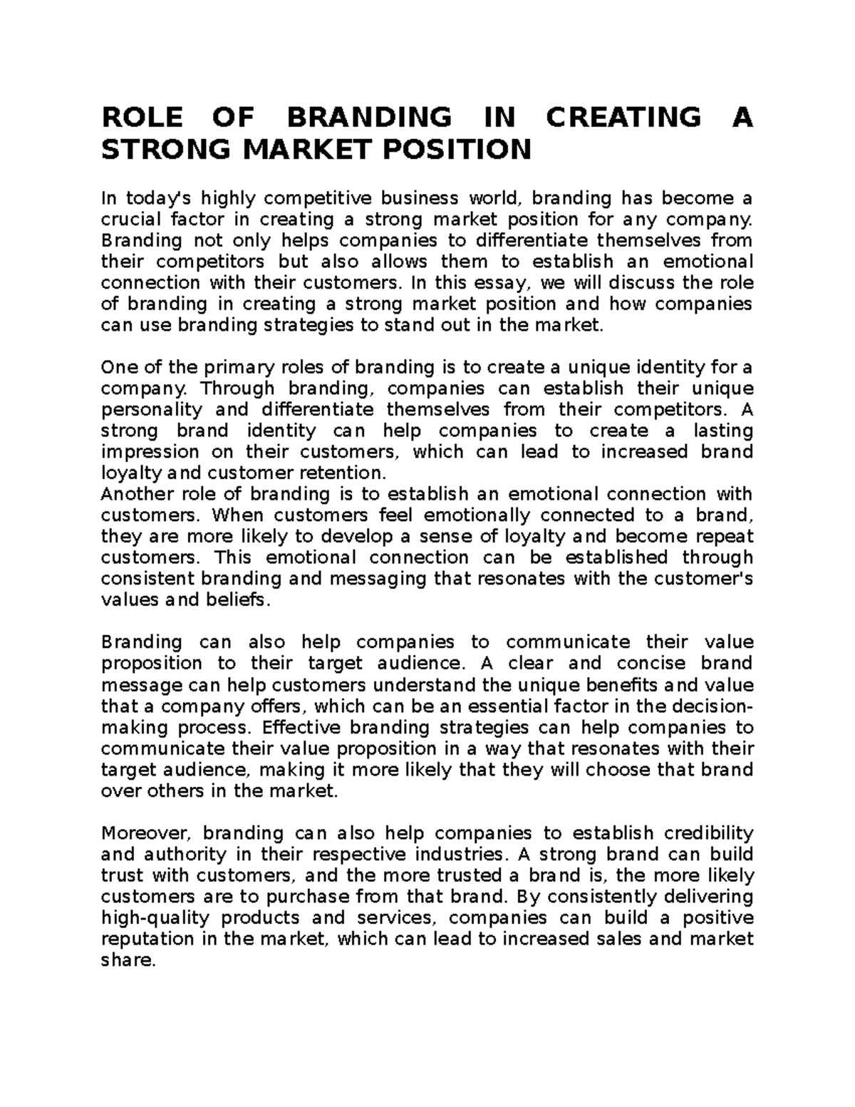 ROLE OF Branding IN Creating A Strong Market Position - ROLE OF ...