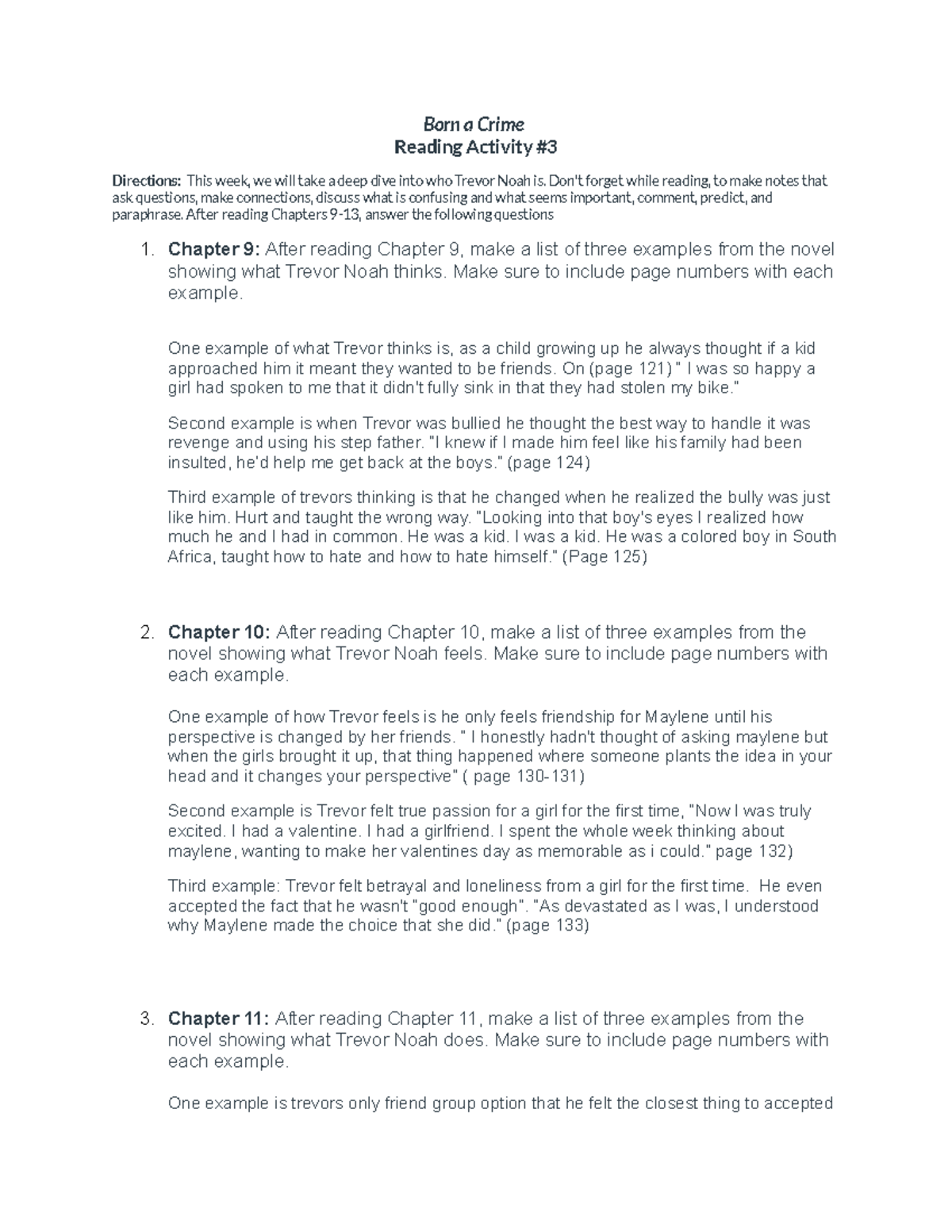 Copy of Born a Crime Reading Activity Week #3 - Born a Crime Reading ...