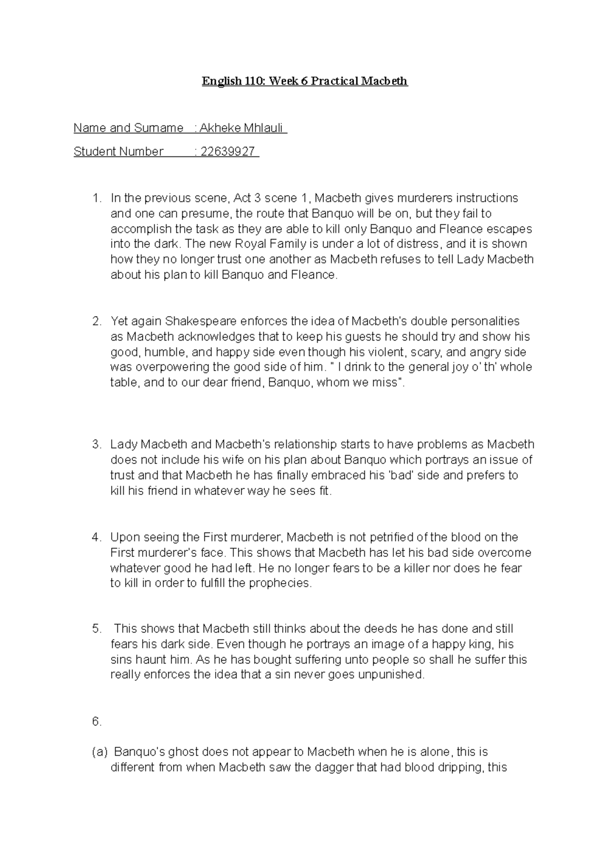 Week 6 - tutorial work of the 6th week of semester one of English 110 ...