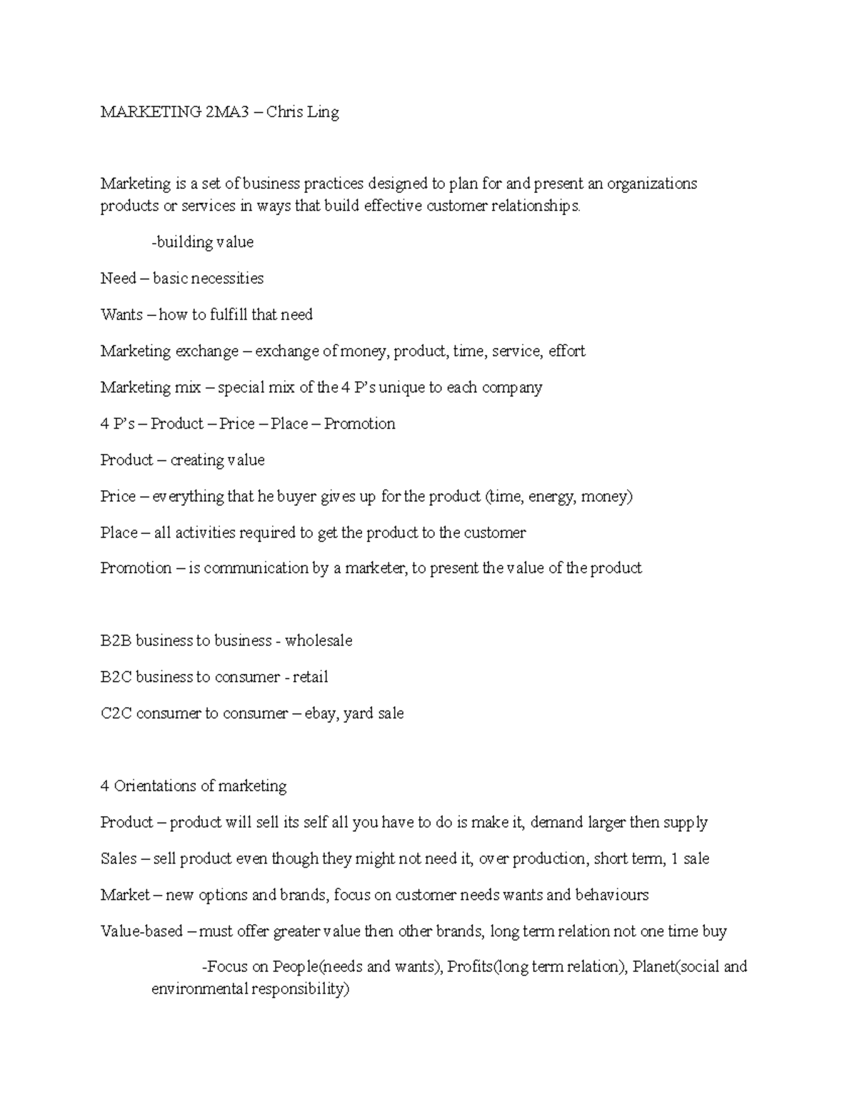 Marketing 3Mc3 - Lecture notes All - MARKETING 2MA3 – Chris Ling ...
