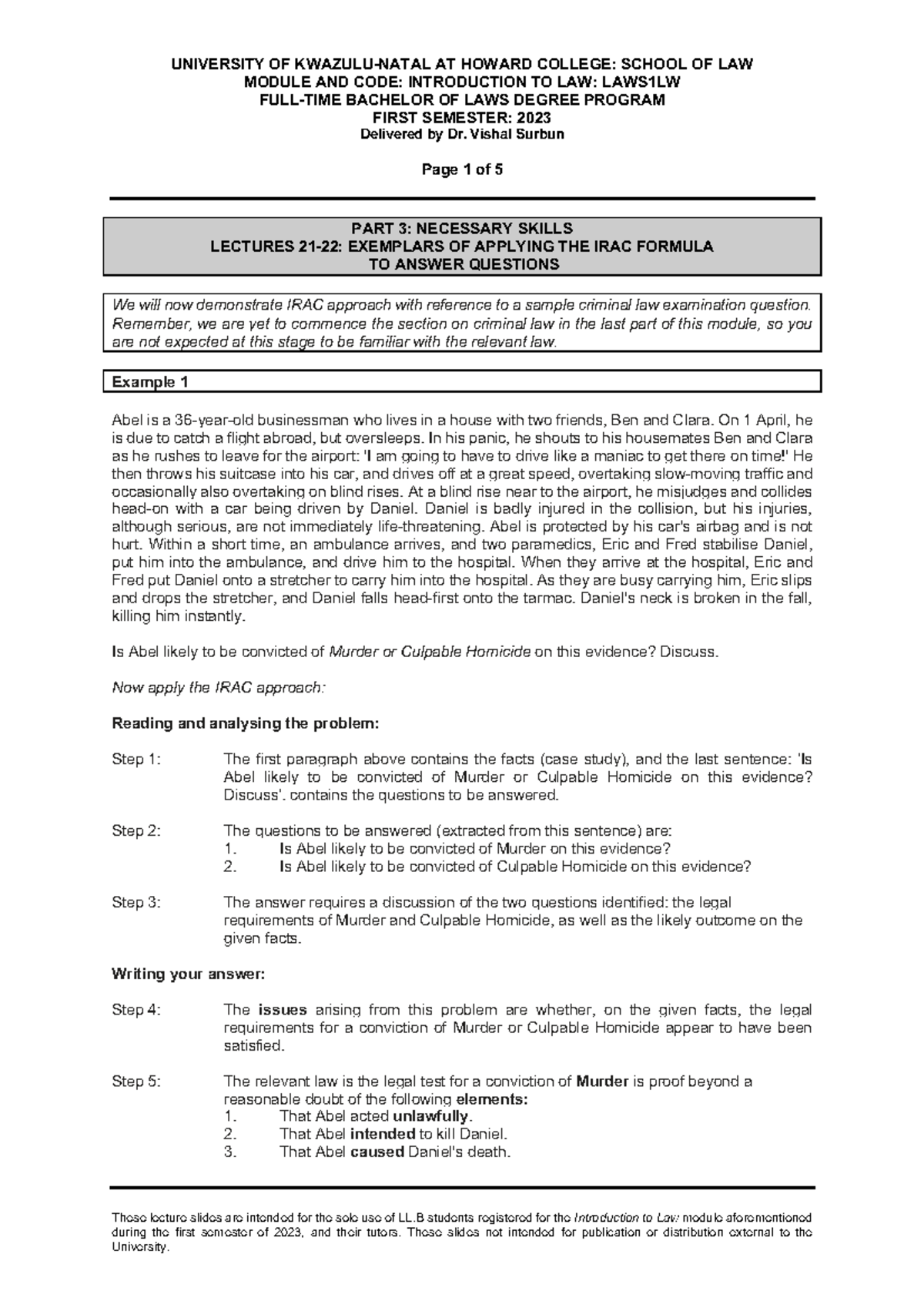 IRAC - IRAC - MODULE AND CODE: INTRODUCTION TO LAW: LAWS1LW FULL-TIME ...