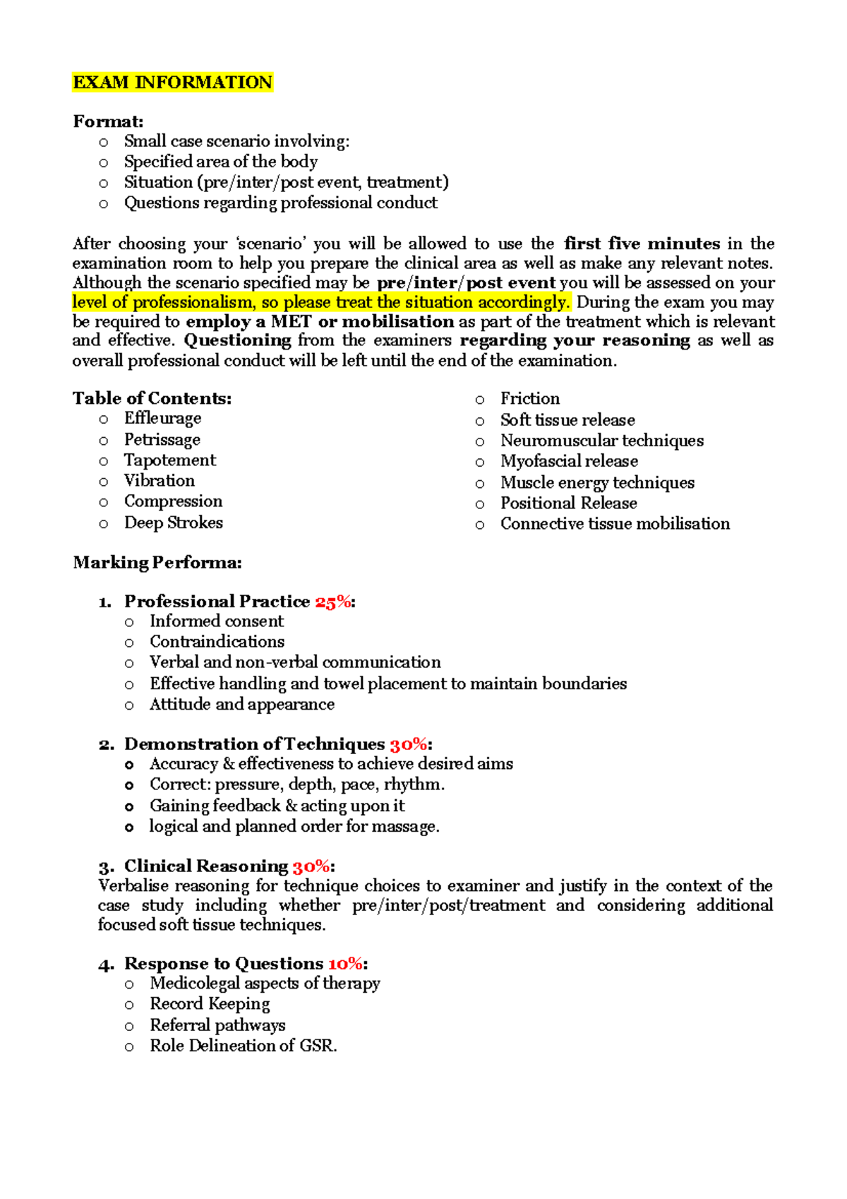 Massage-Exam - massage practical exam preparation - EXAM INFORMATION ...