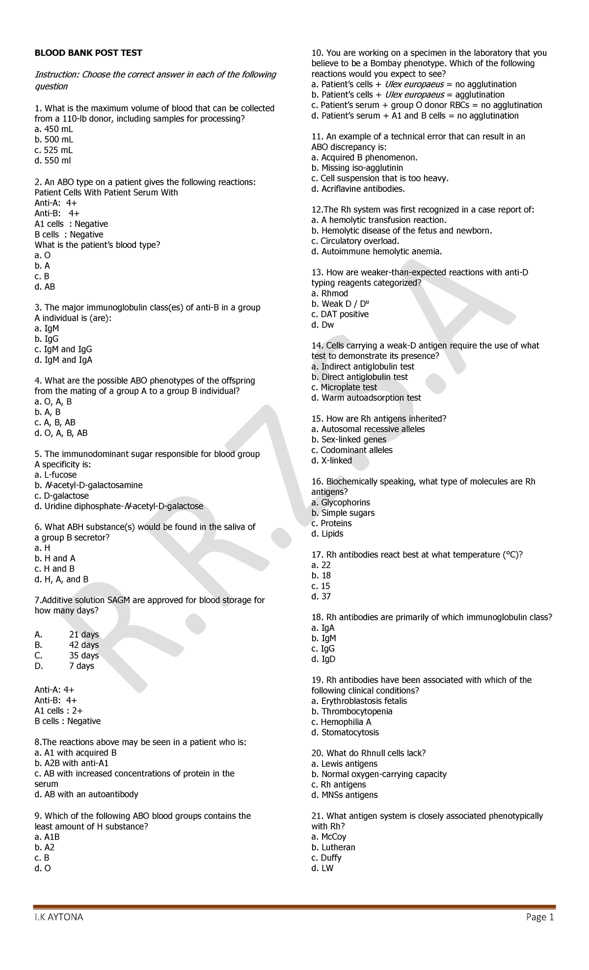 Copy of Blood BANK POST TEST - BLOOD BANK POST TEST Instruction: Choose ...