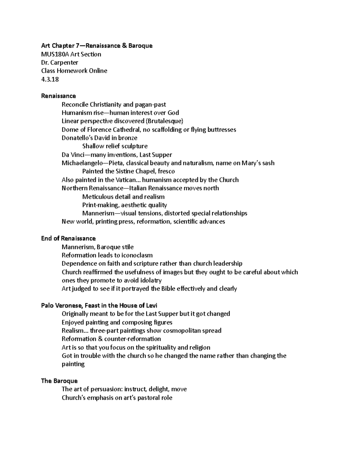 Art Chapter 7—Renaissance & Baroque - Art Chapter Baroque MUS180A Art ...