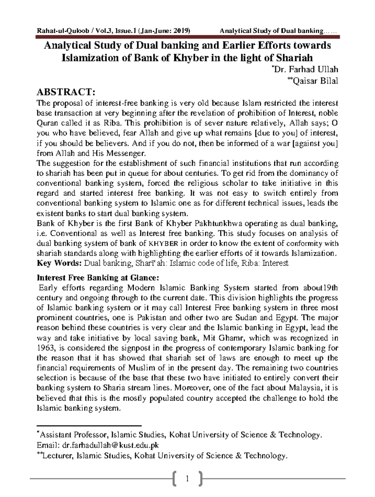 Rahat-ul-Quloob 3 1 19 - eassy - Analytical Study of Dual banking and Earlier Efforts towards ...