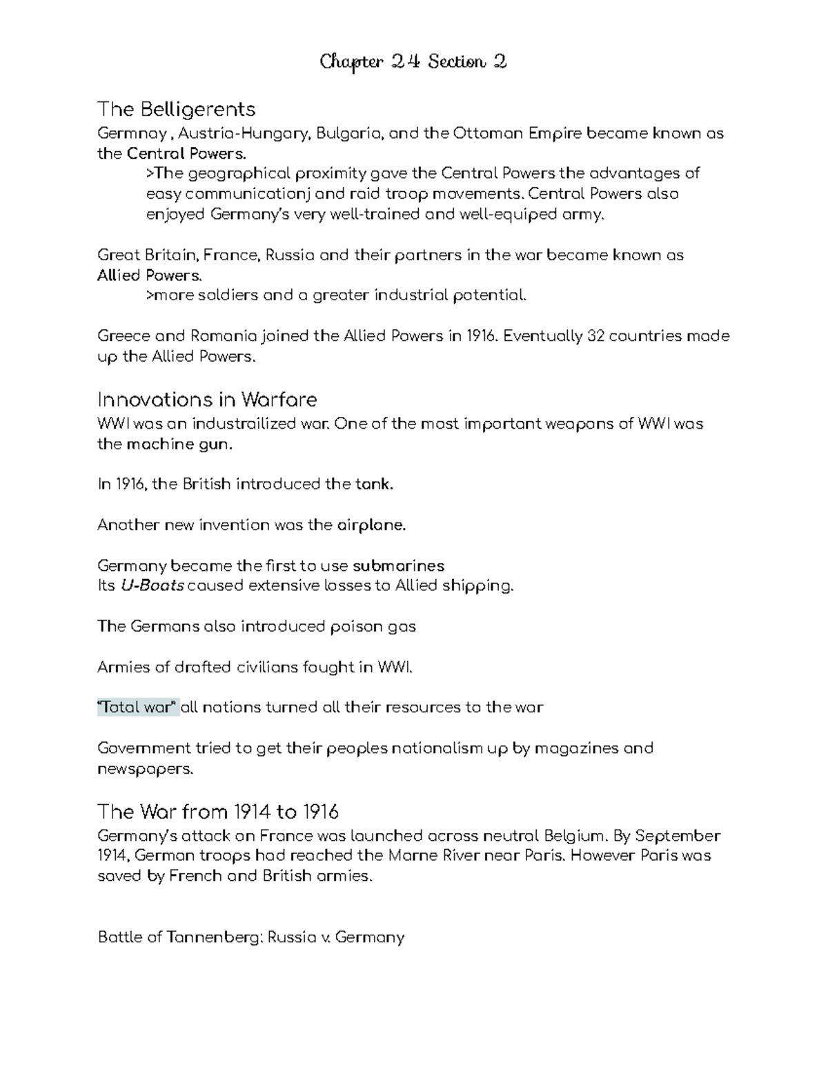24-2 history notes - The belligerents and innovations in warfare ...