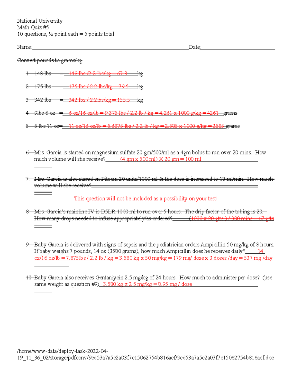 National University Math quiz 5 with answers - National University Math ...