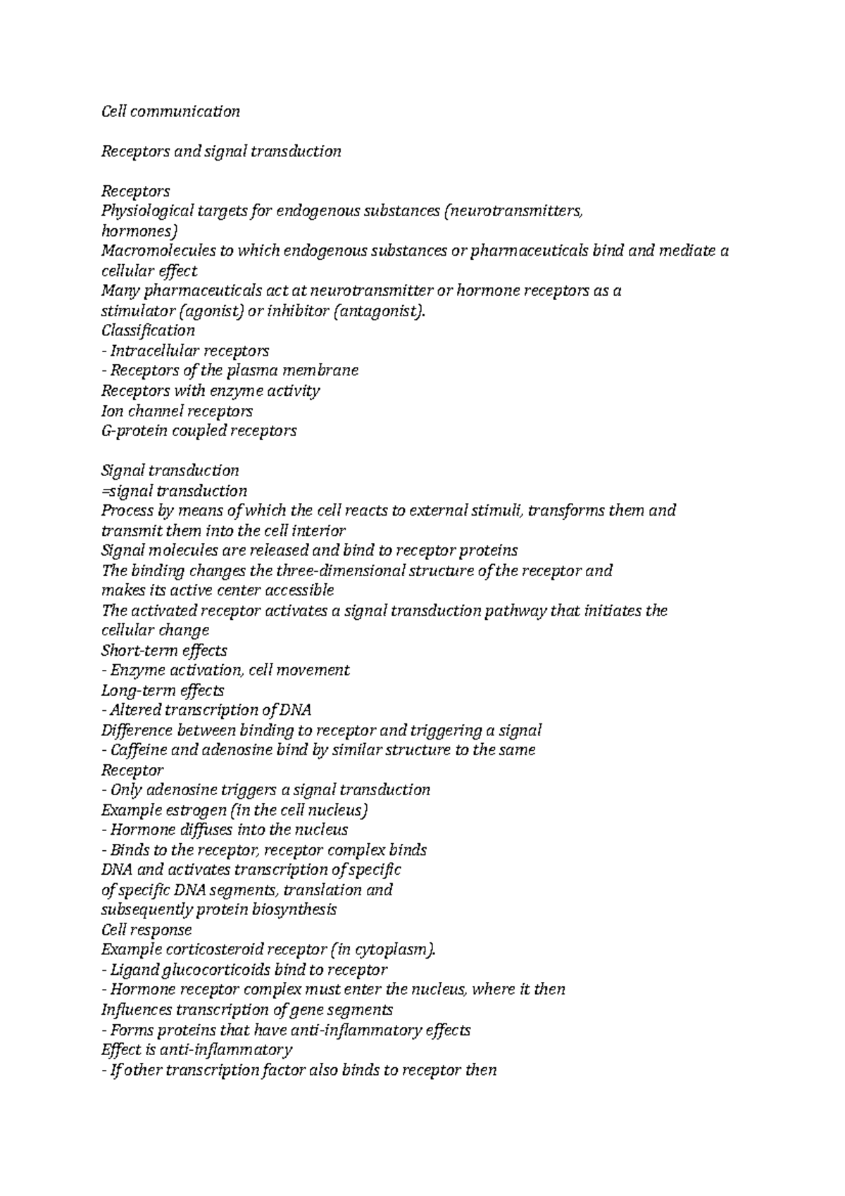 Cell communication - Lecture notes 3 - Cell communication Receptors and ...