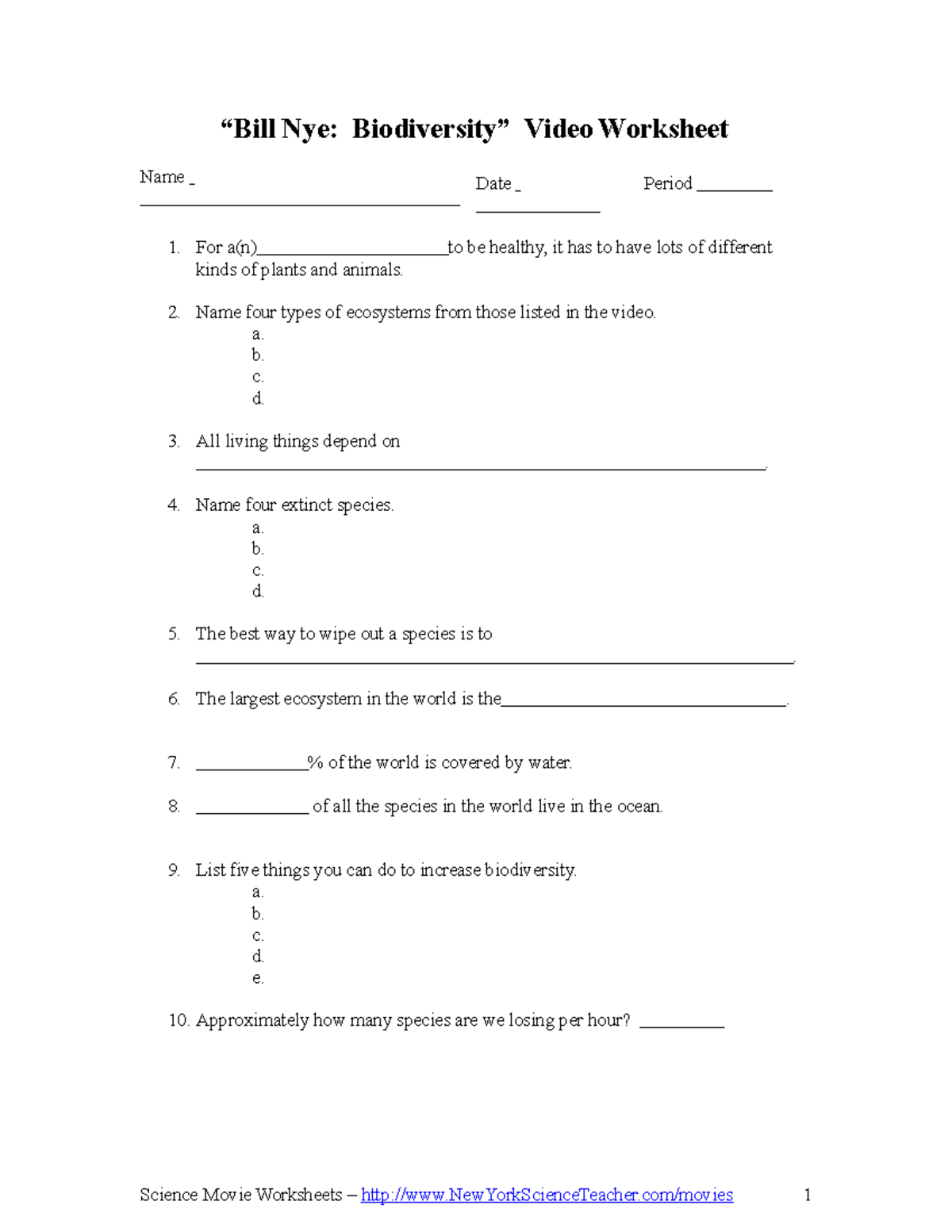 Bill Nye Biodiversity-1 - “Bill Nye: Biodiversity” Video Worksheet Name ...