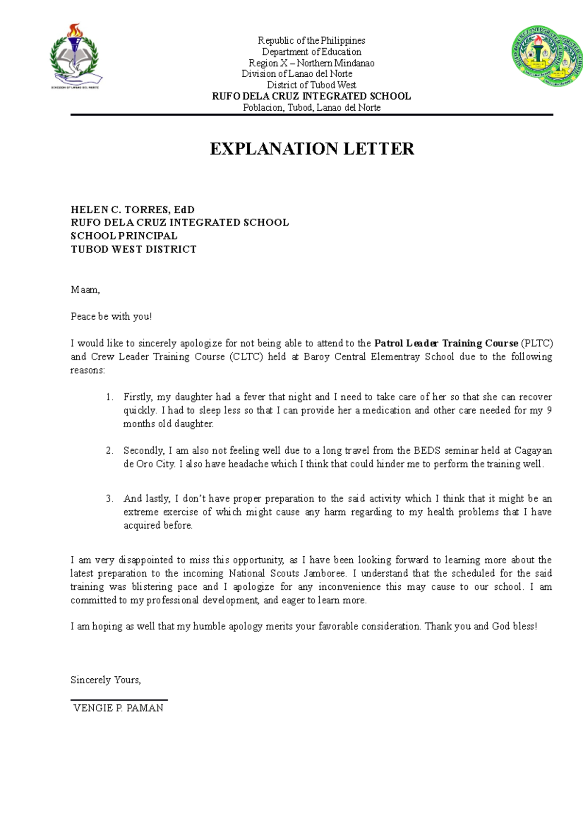 Letter of Explanation - Republic of the Philippines Department of ...