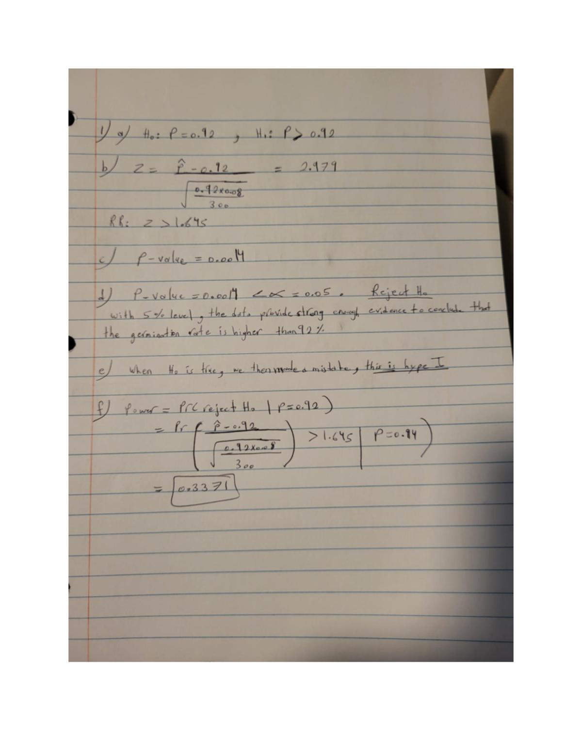 ICA19 - 1).a) Ho: P H.: 0 b) 2 0.92x0 300 RR: Z 1 C 0 d) 0 LX 0 ...