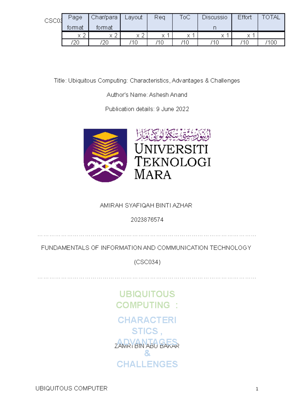 2023876574 Assignment 1 - CSC034 AMIRAH SYAFIQAH BINTI AZHAR Title: Ubiquitous Computing: - Studocu