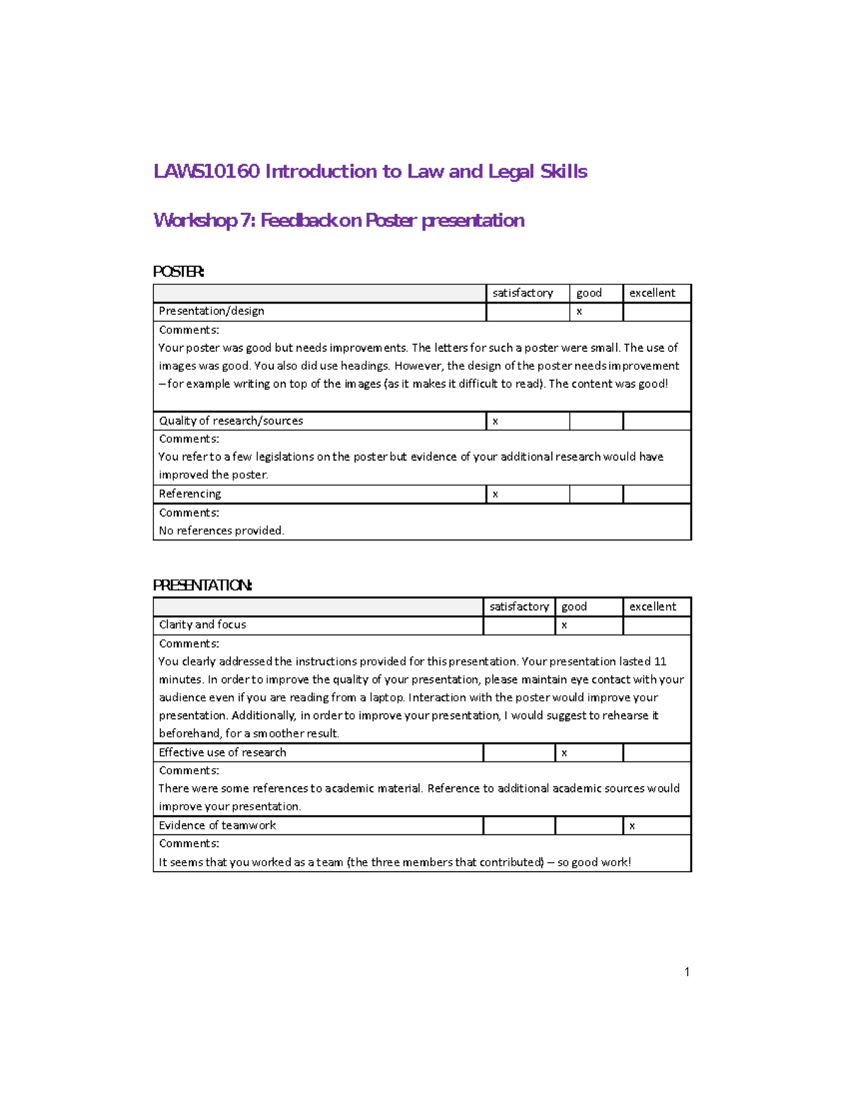 Feedback on poster presentation - LAWS 10160 Introduction to Law and ...