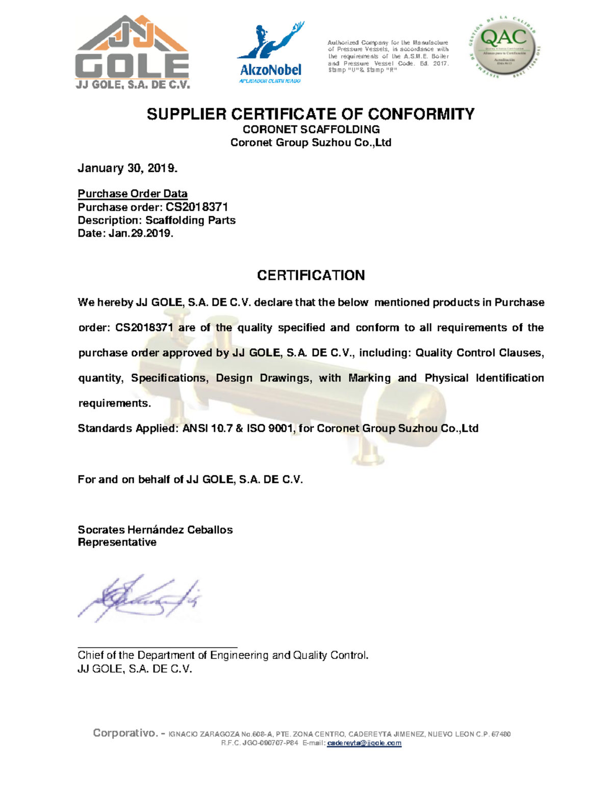 Supplier Certificate OF Conformity JAN 2019 - Corporativo. - IGNACIO ...